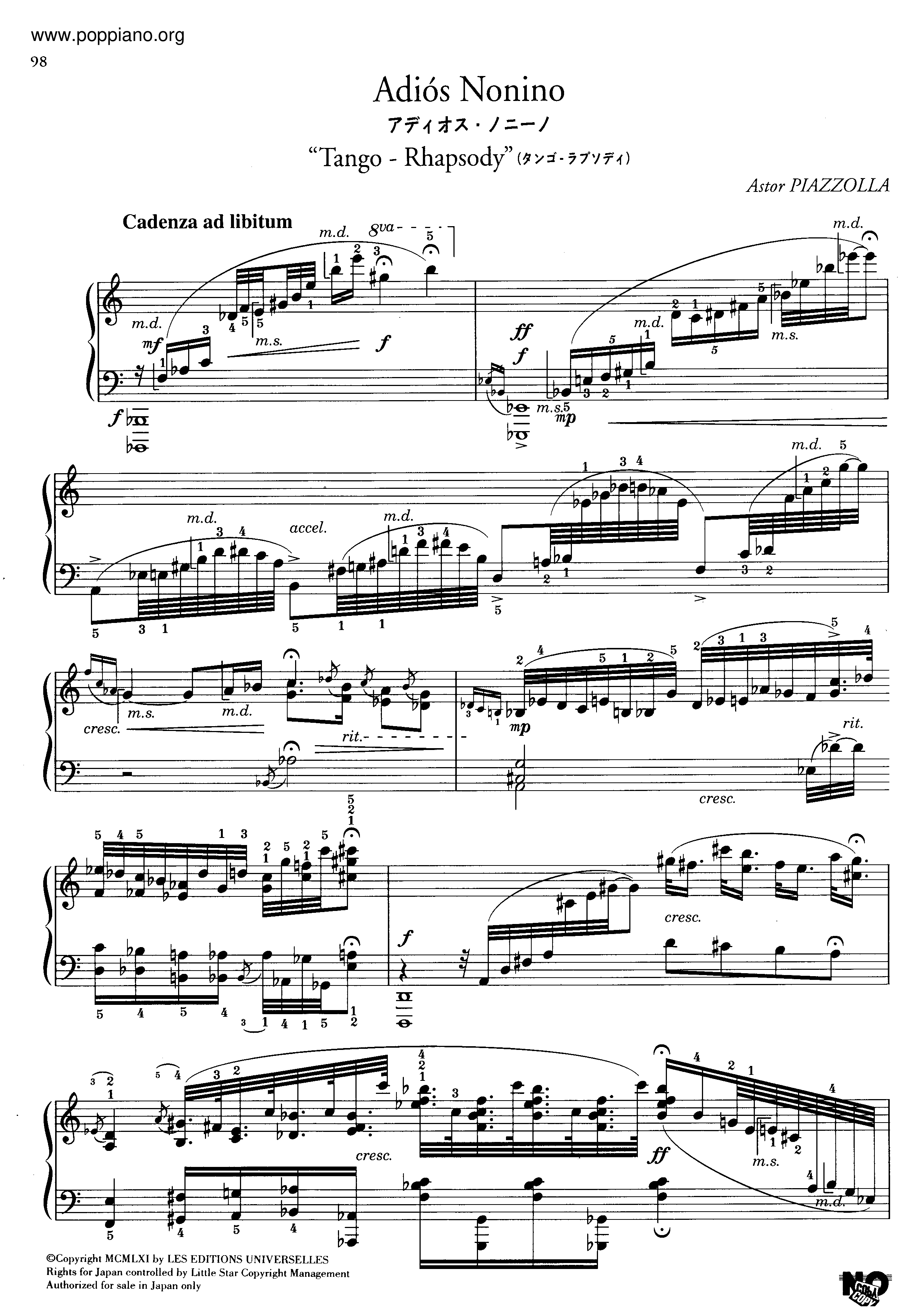 Astor Piazzolla-Adios Nonino 琴譜pdf-香港流行鋼琴協會琴譜下載 ★