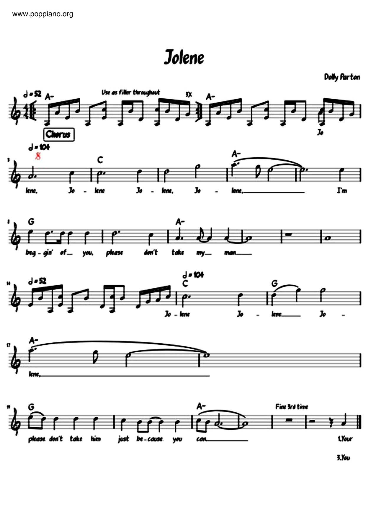jolenePDF琴谱免费下载 | 香港流行钢琴协会 ★