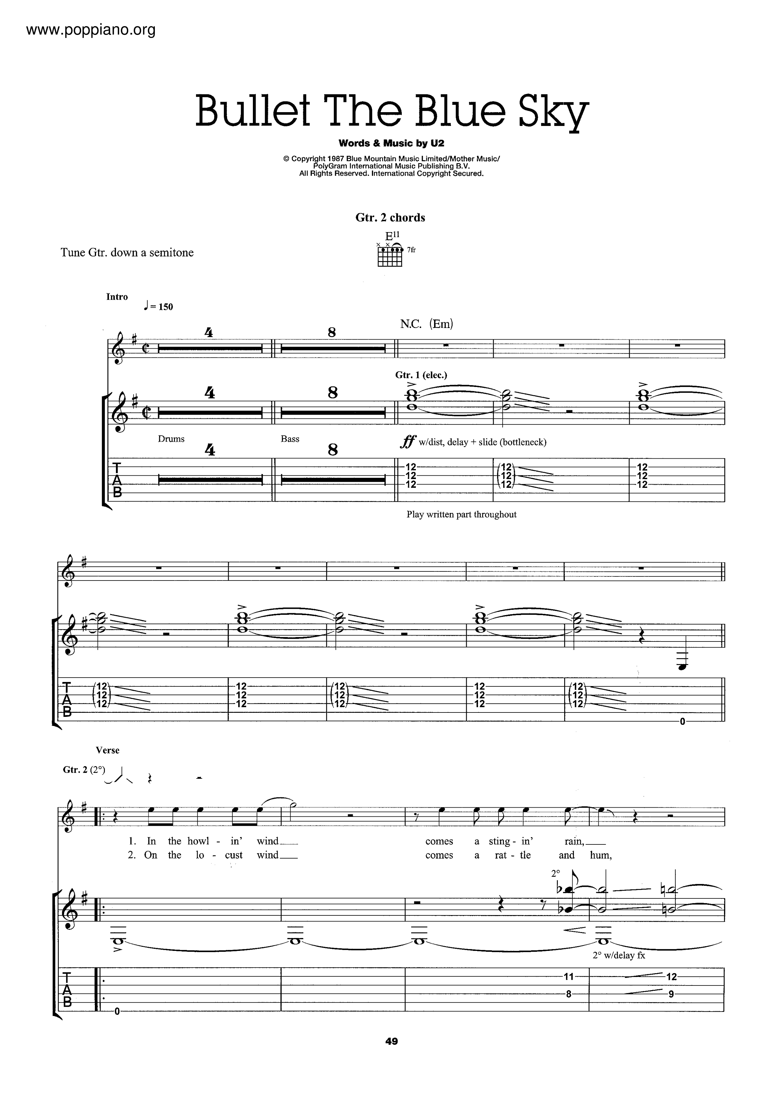 U2-Bullet The Blue Sky Sheet Music pdf, - Free Score Download ★