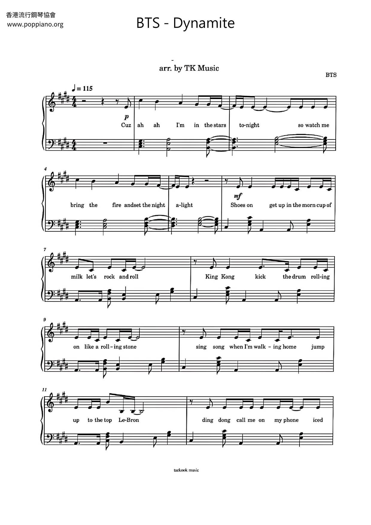 Bts Dynamite Sheet Music In C Minor Transposable Download Print Sku