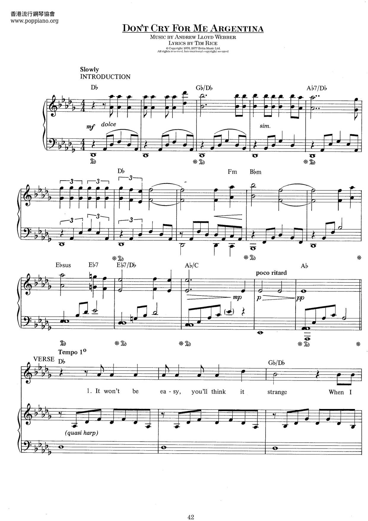 Andrew Lloyd Webber Dont Cry For Me Argentina 琴譜pdf 香港流行鋼琴協會琴譜下載 ★