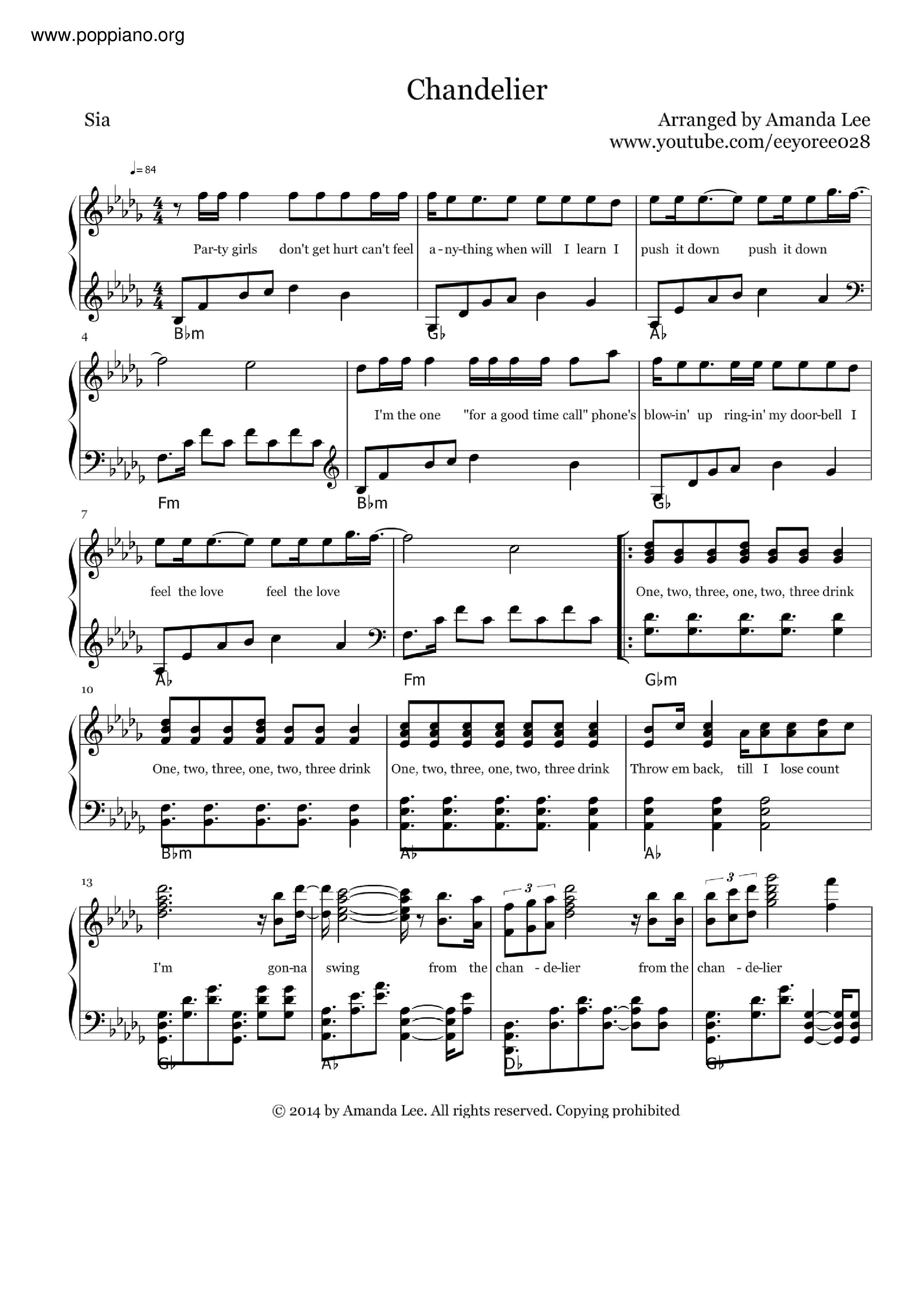 Chandelier | Sheet Music | Piano Score Free PDF Download | HK Pop Piano ...