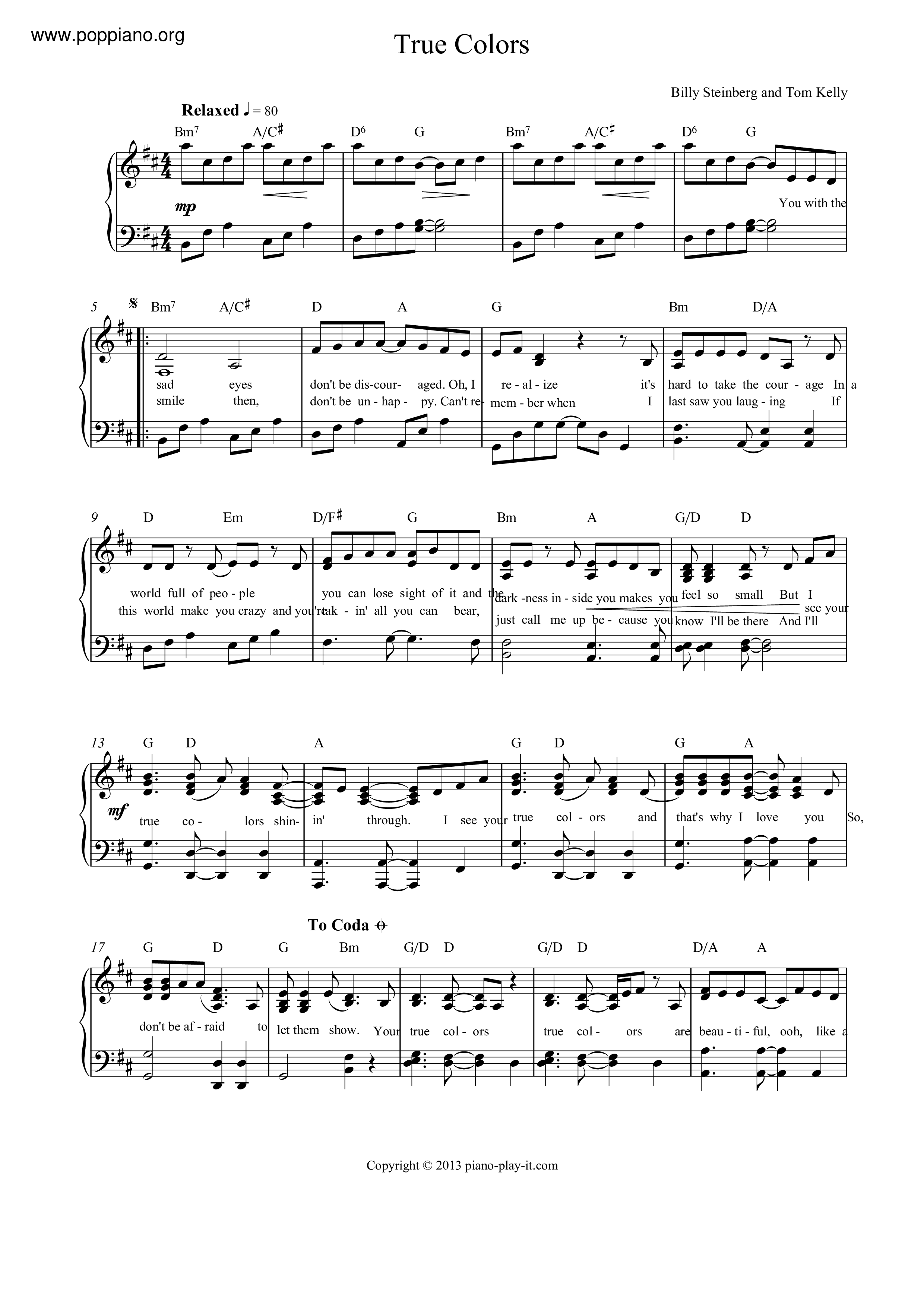 True Colors- PDF琴譜免費下載 - 香港流行鋼琴協會 ★