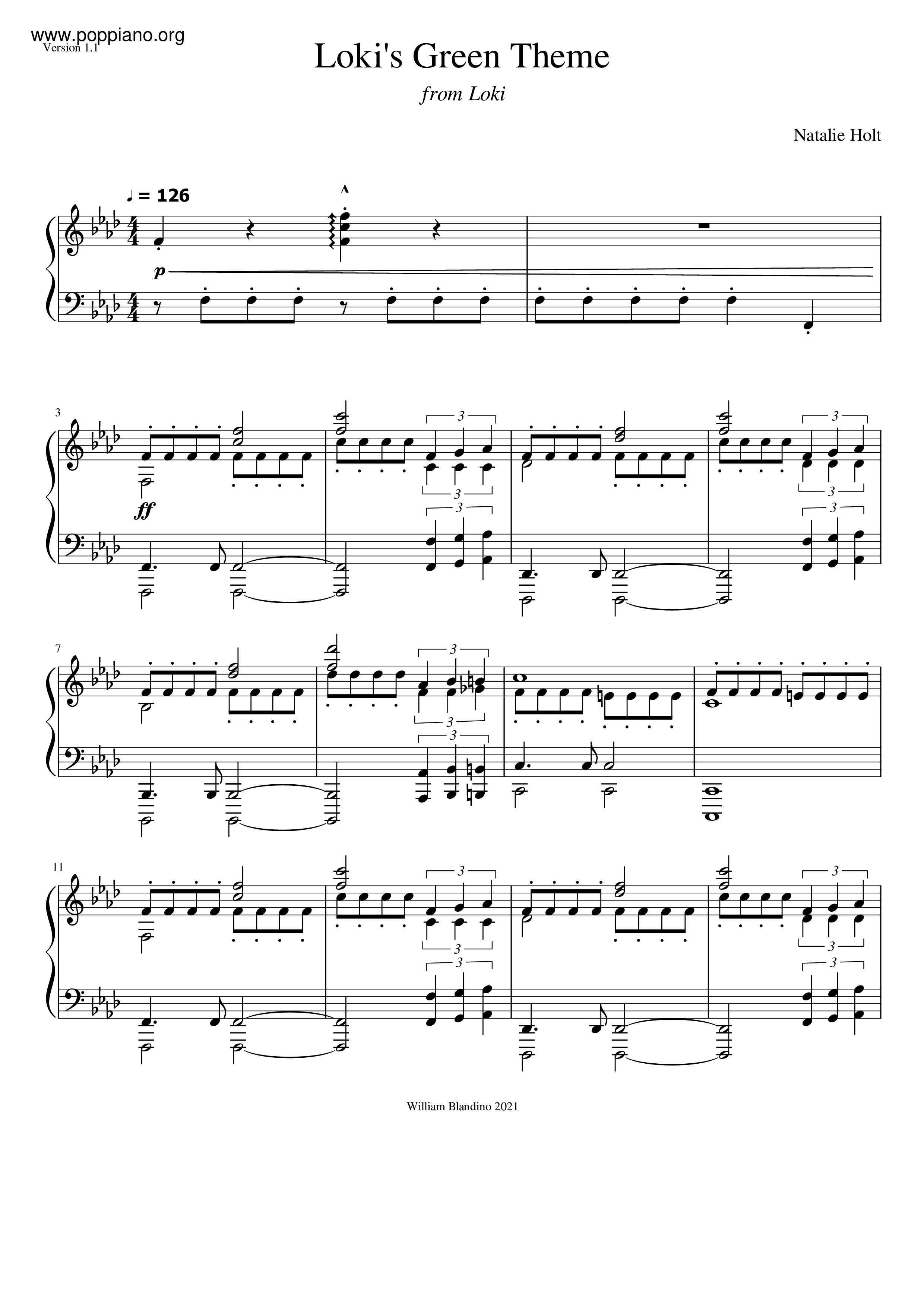 Natalie Holt-Loki's Green Theme Sheet Music pdf, - Free Score Download ★