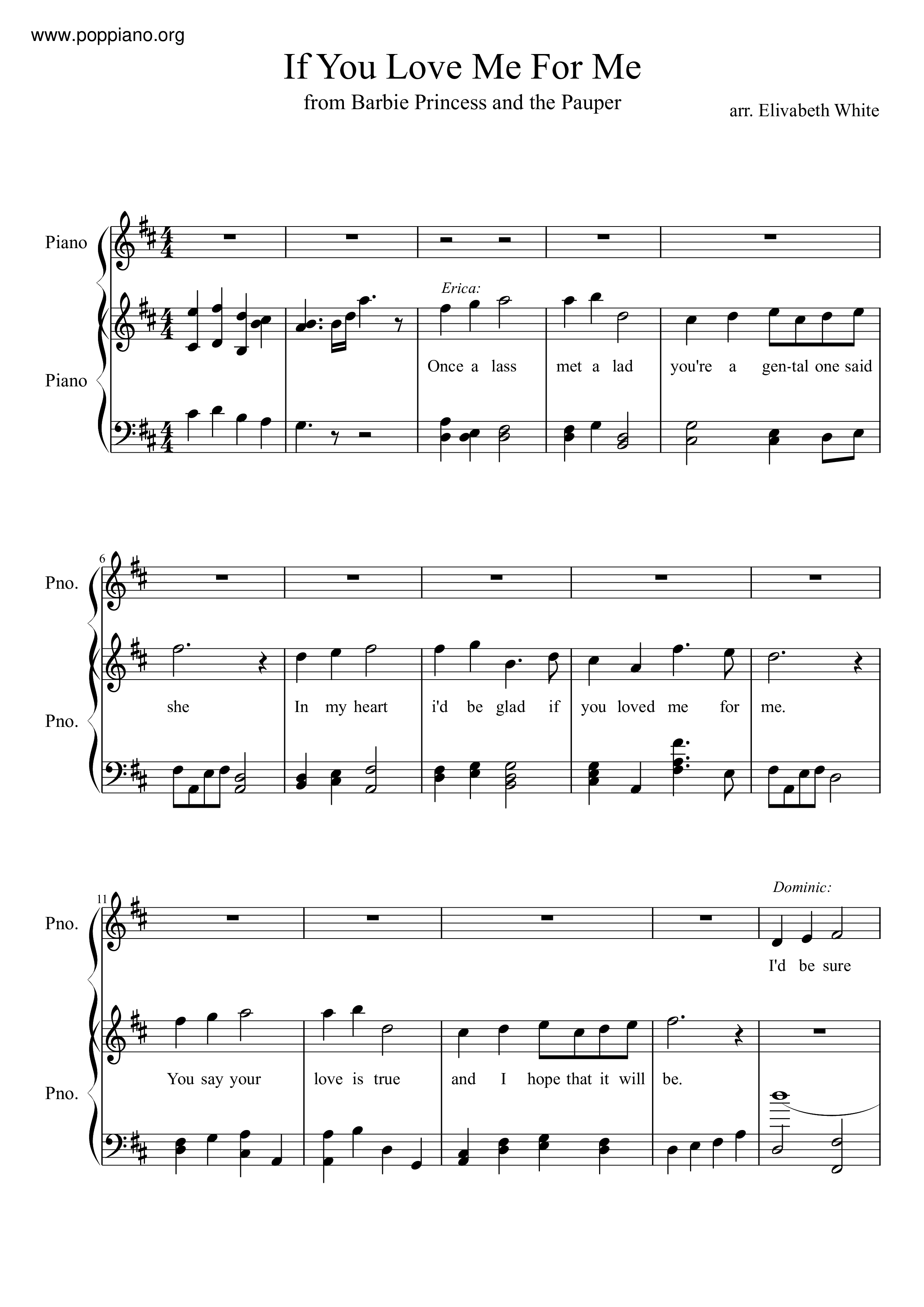 Barbie As The Princess And The Pauper-If You Love Me For Me Sheet Music ...