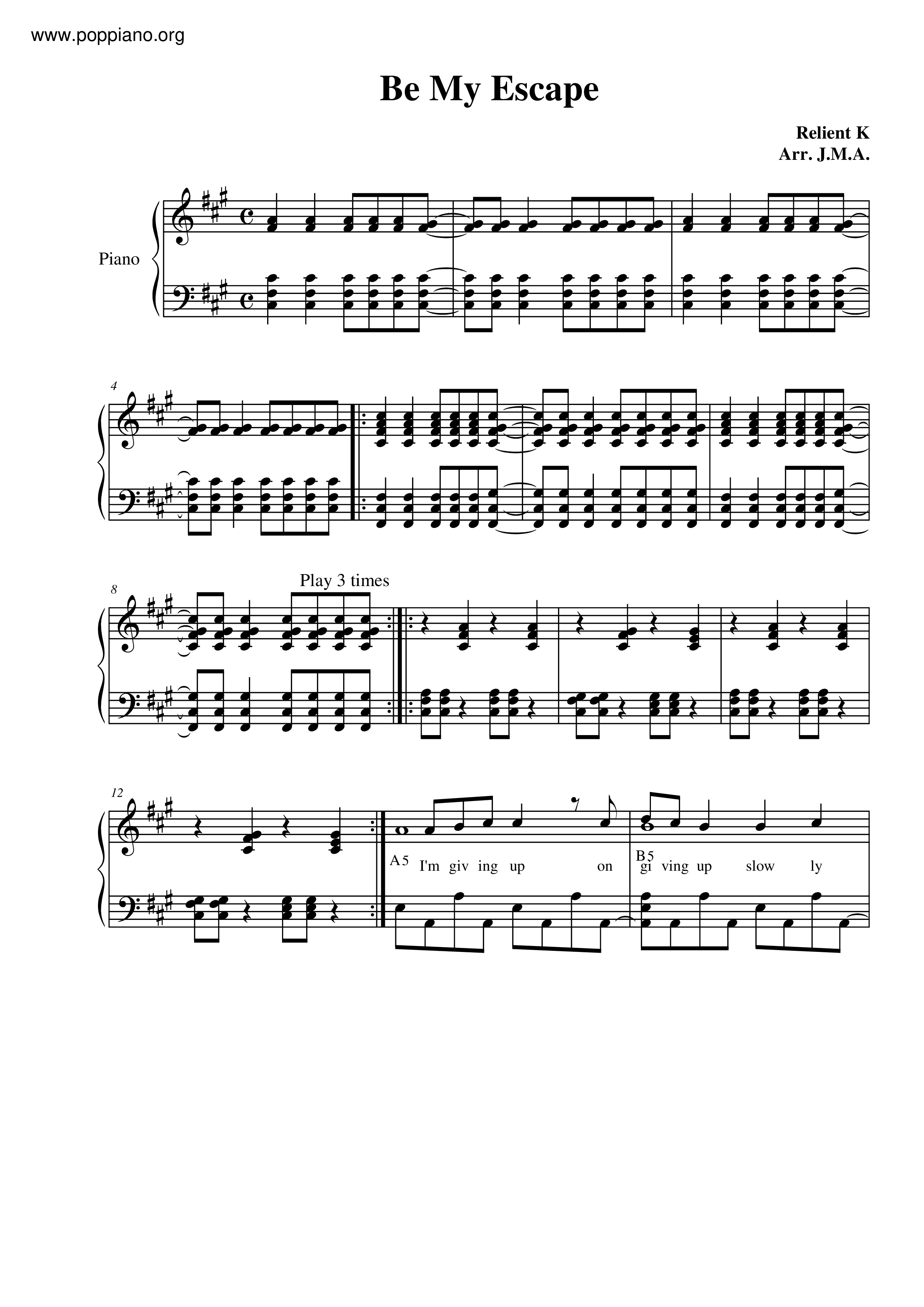 Relient K-Be My Escape Sheet Music pdf, - Free Score Download ★