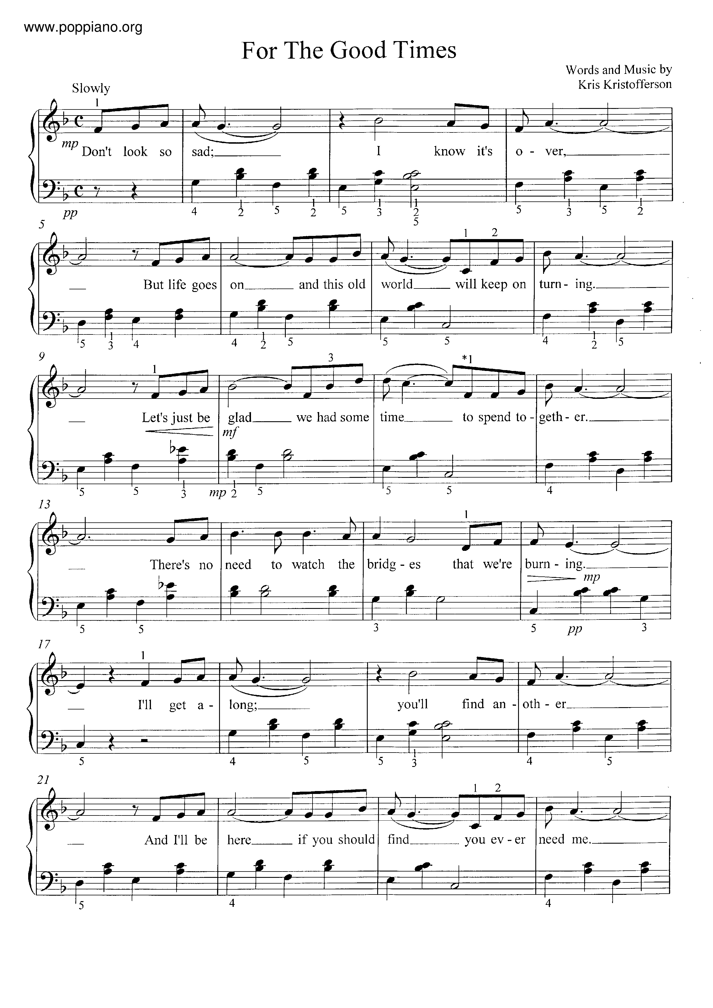 Kris Kristofferson-For The Good Times 琴谱/五线谱pdf-香港流行钢琴协会琴谱下载 ★