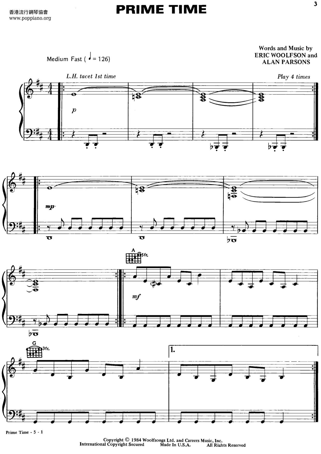 Alan Parsons Project-Prime Time 琴谱/五线谱pdf-香港流行钢琴协会琴谱下载 ★