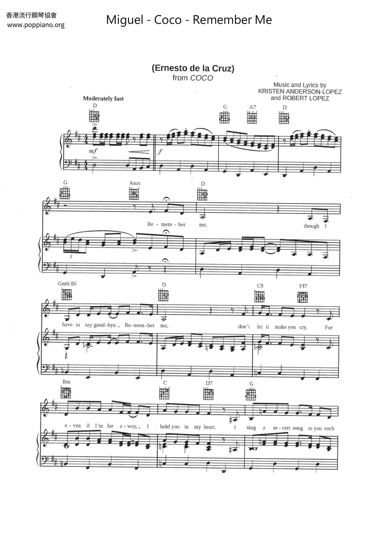Coco - Remember Me - Sheet Music / Piano Score Free PDF Download - HK Pop Piano Academy ★