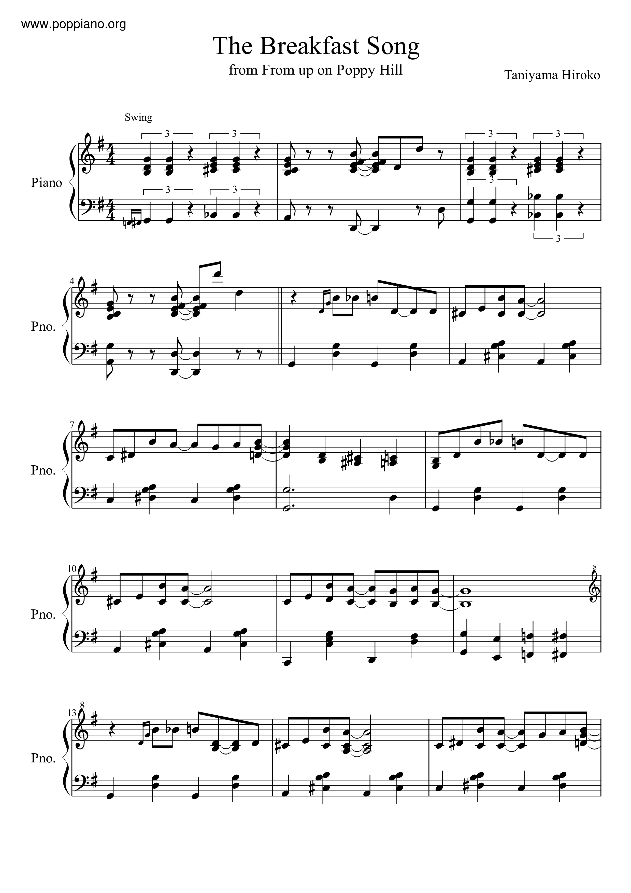 Taniyama Hiroko-The Breakfast Song 琴譜pdf-香港流行鋼琴協會琴譜下載 ★