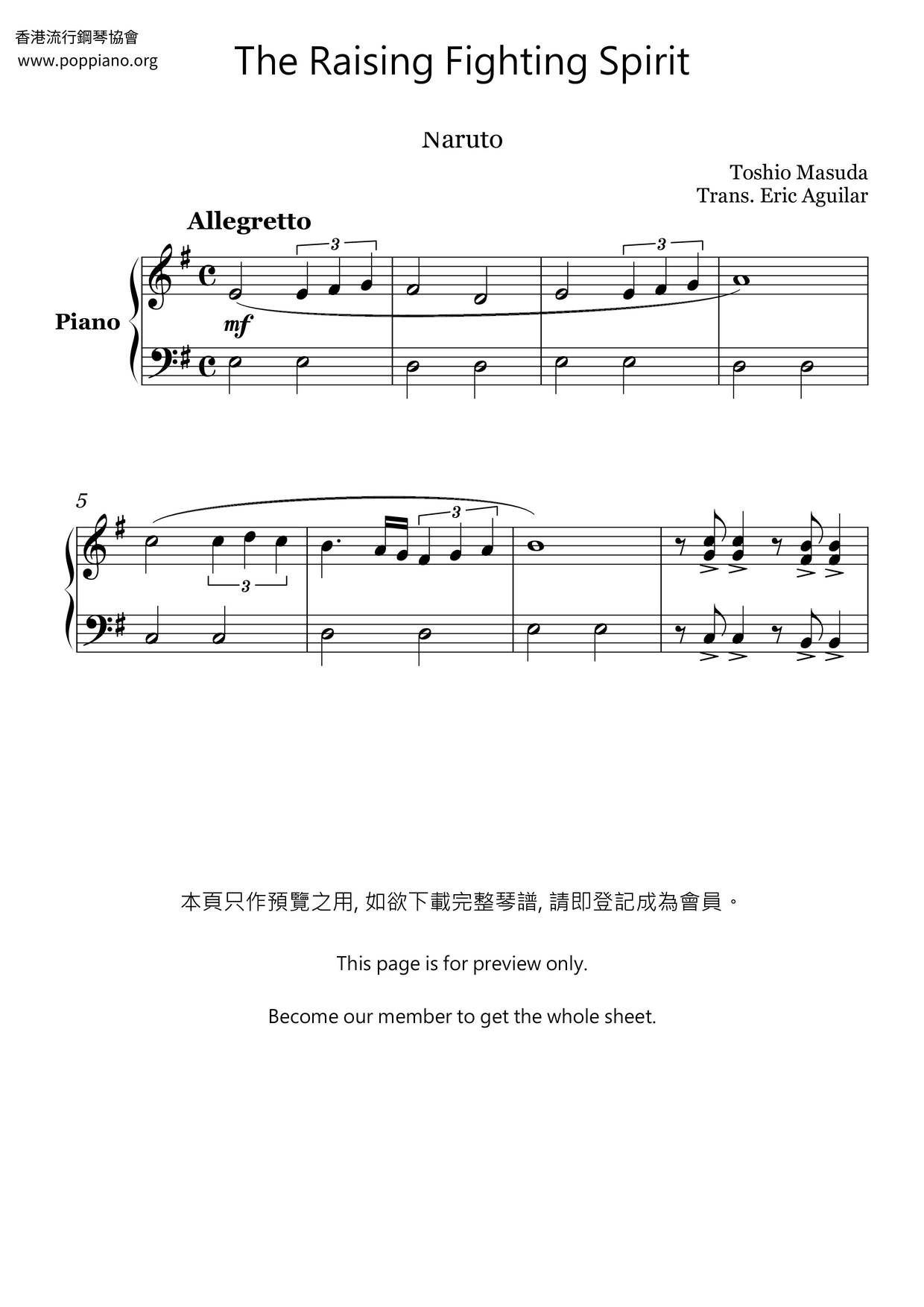 Toshiro Masuda-Naruto - The Raising Fighting Spirit Sheet Music pdf ...
