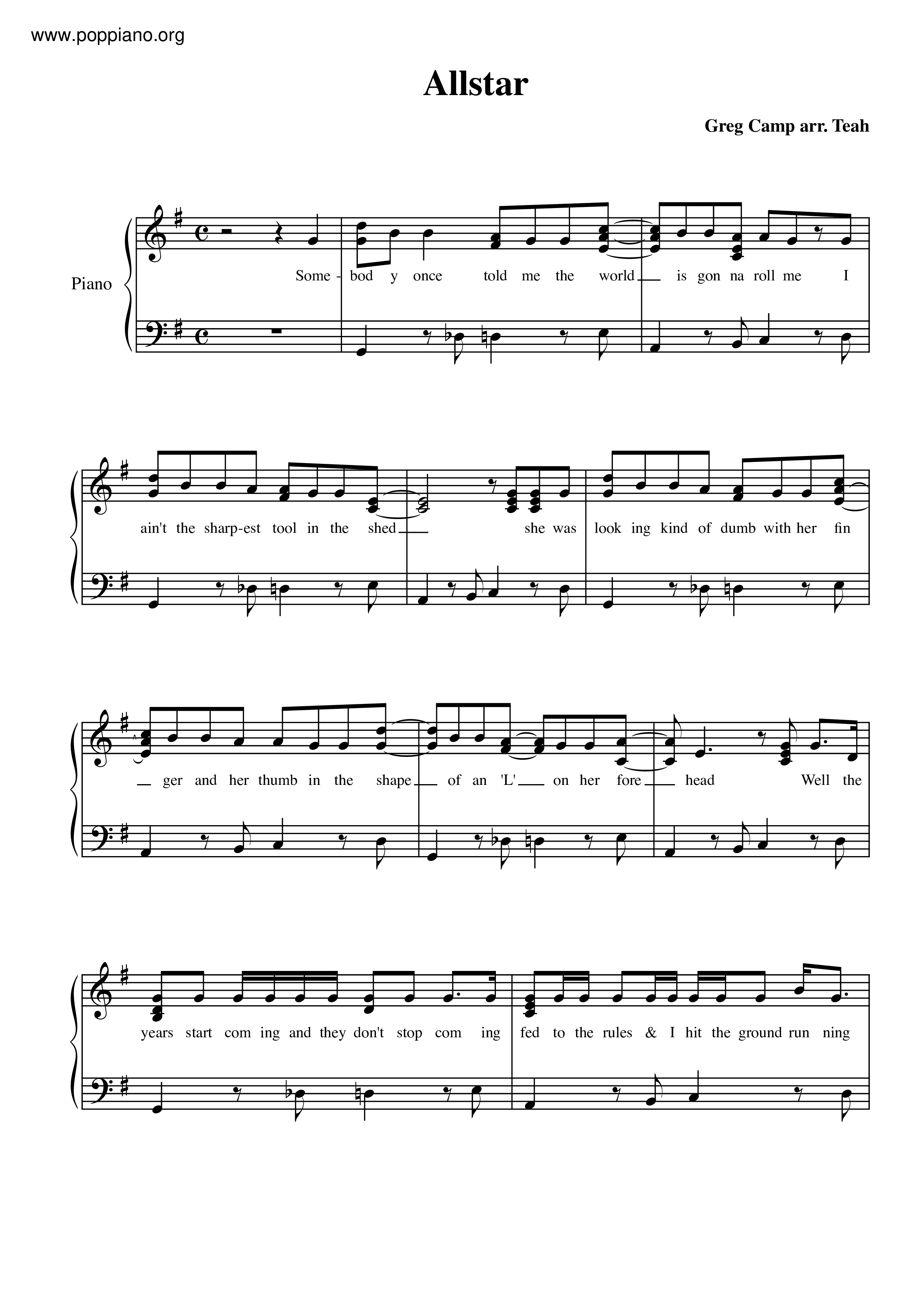 all star - Sheet Music / Piano Score Free PDF Download - HK Pop Piano ...