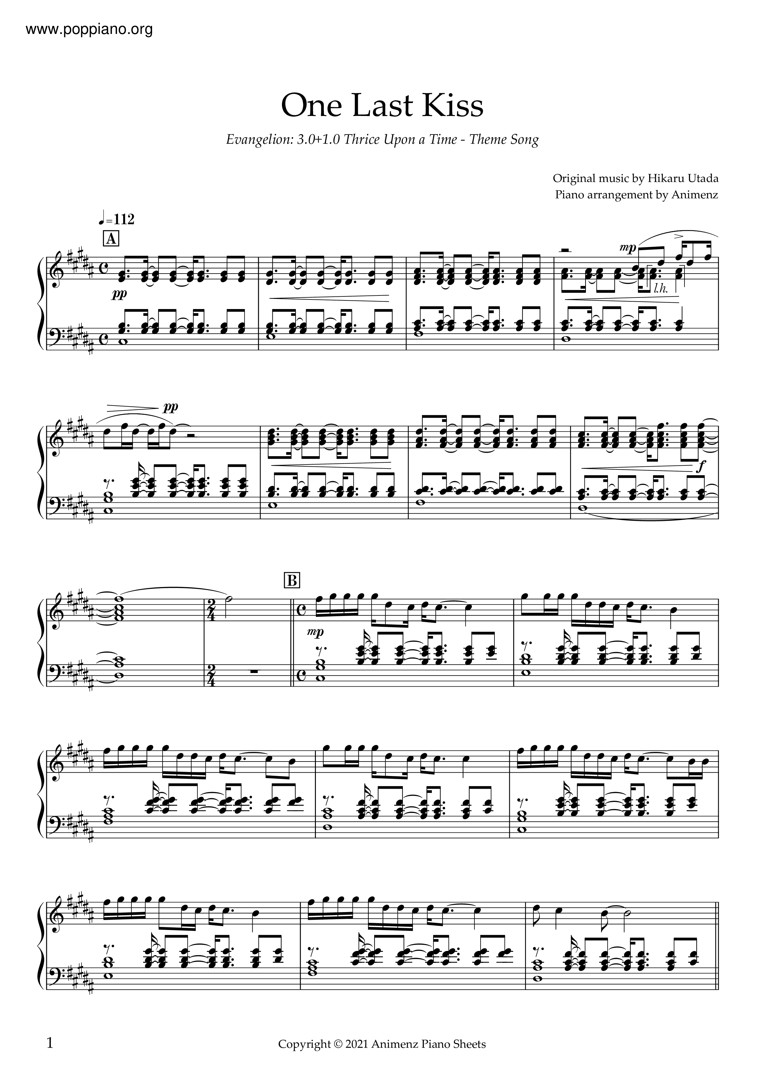 ★ 宇多田光-One Last Kiss 琴谱/五线谱pdf (宇多田ヒカル)-香港流行钢琴协会琴谱下载 ★