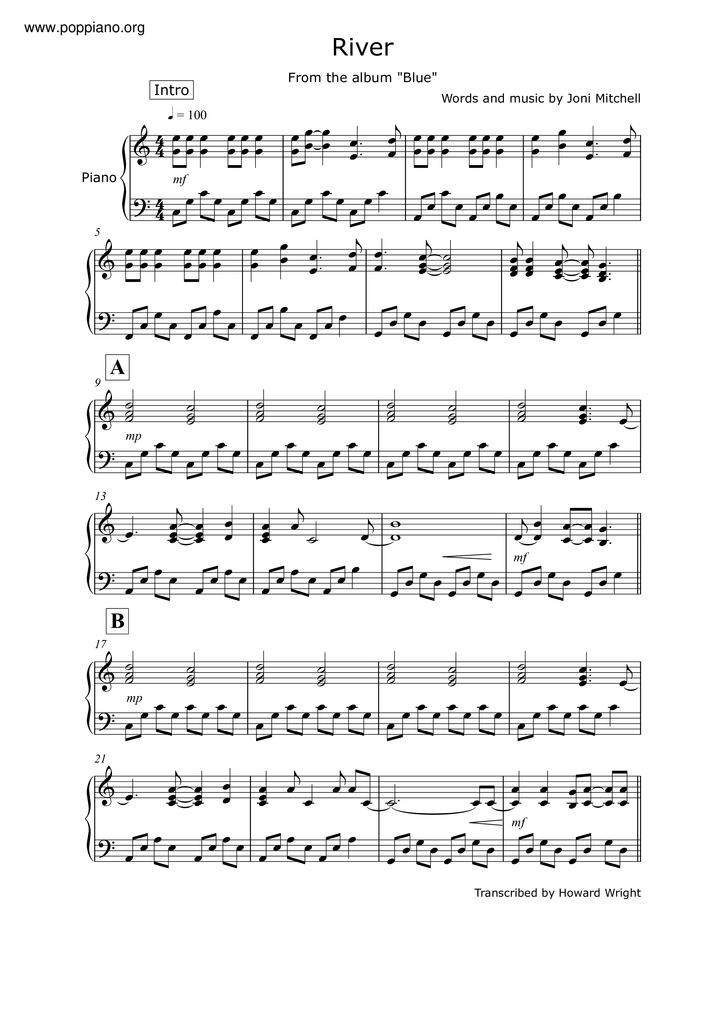 Joni Mitchell-River Sheet Music pdf, - Free Score Download ★