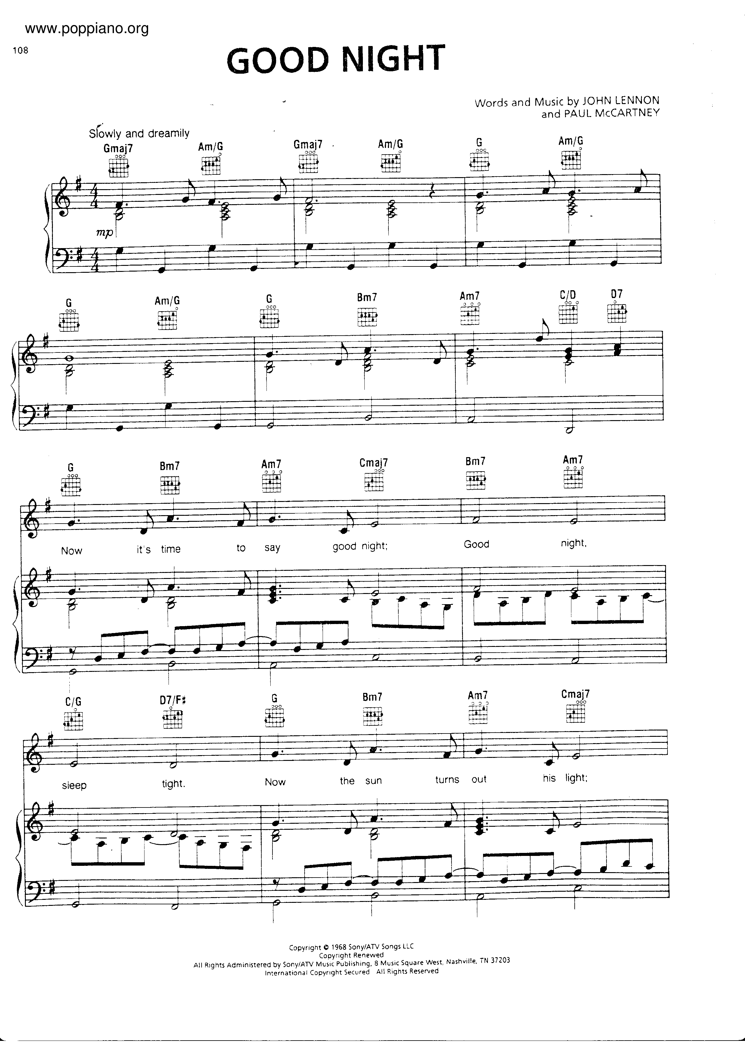 The Beatles-Good Night 琴谱/五线谱pdf-香港流行钢琴协会琴谱下载 ★