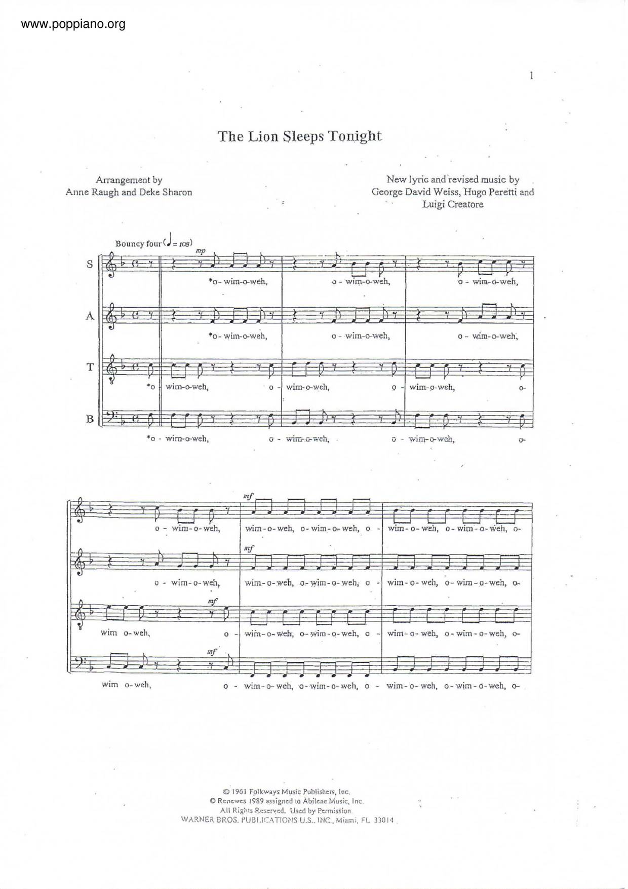 ★Traditional - Wimoweh (The Lion Sleeps Tonight) ピアノ譜pdf- 香港ポップピアノ協会 無料 ...