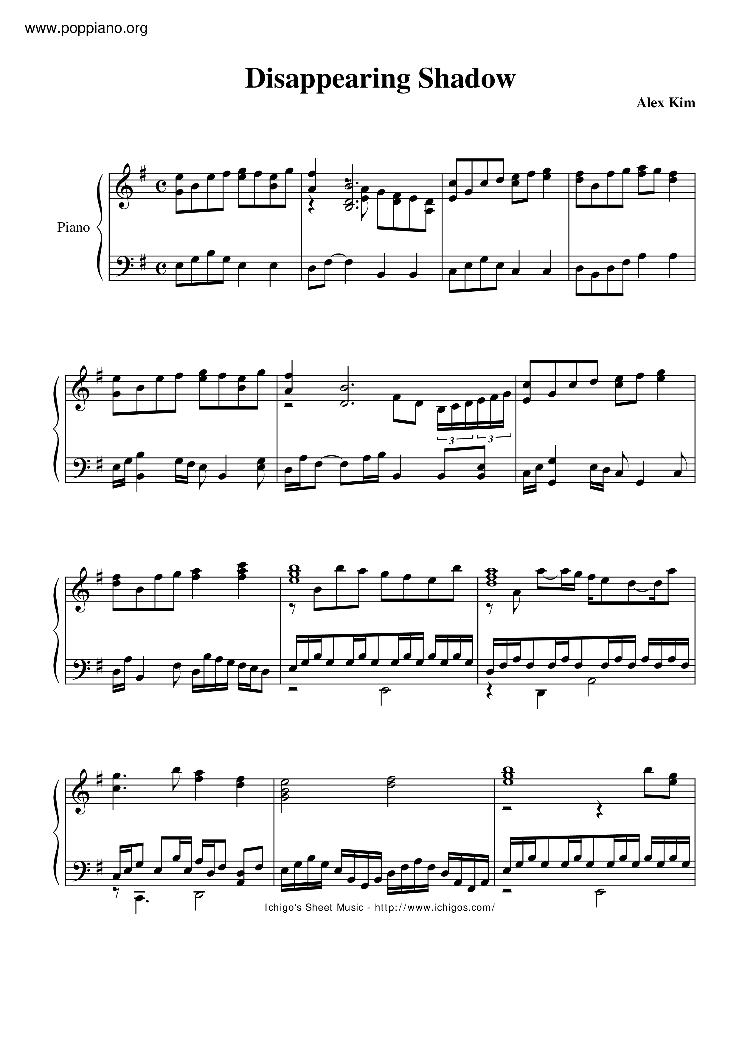 Alex Kim-Disappearing Shadow 琴譜/五線譜pdf-香港流行鋼琴協會琴譜下載 ★