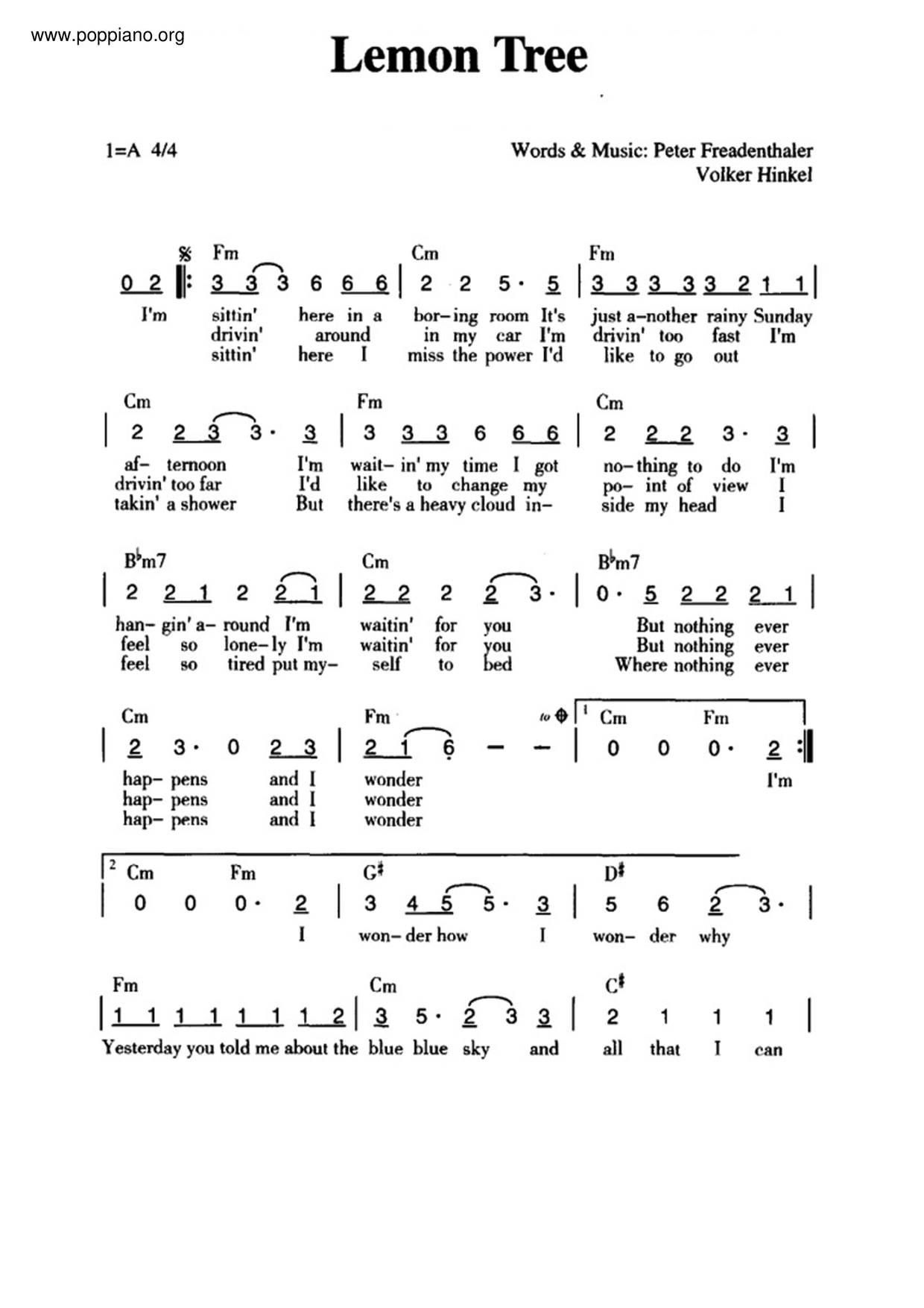 Lemon Tree- PDF無料ピアノ譜 gakufu | 香港ポップピアノ協会 ★