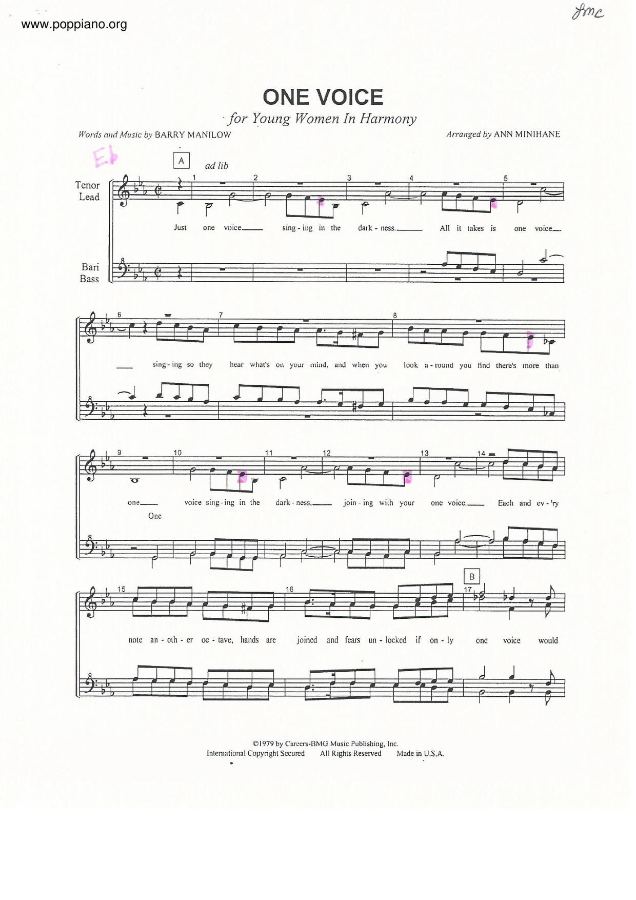 Barry Manilow-One Voice Sheet Music pdf, - Free Score Download ★