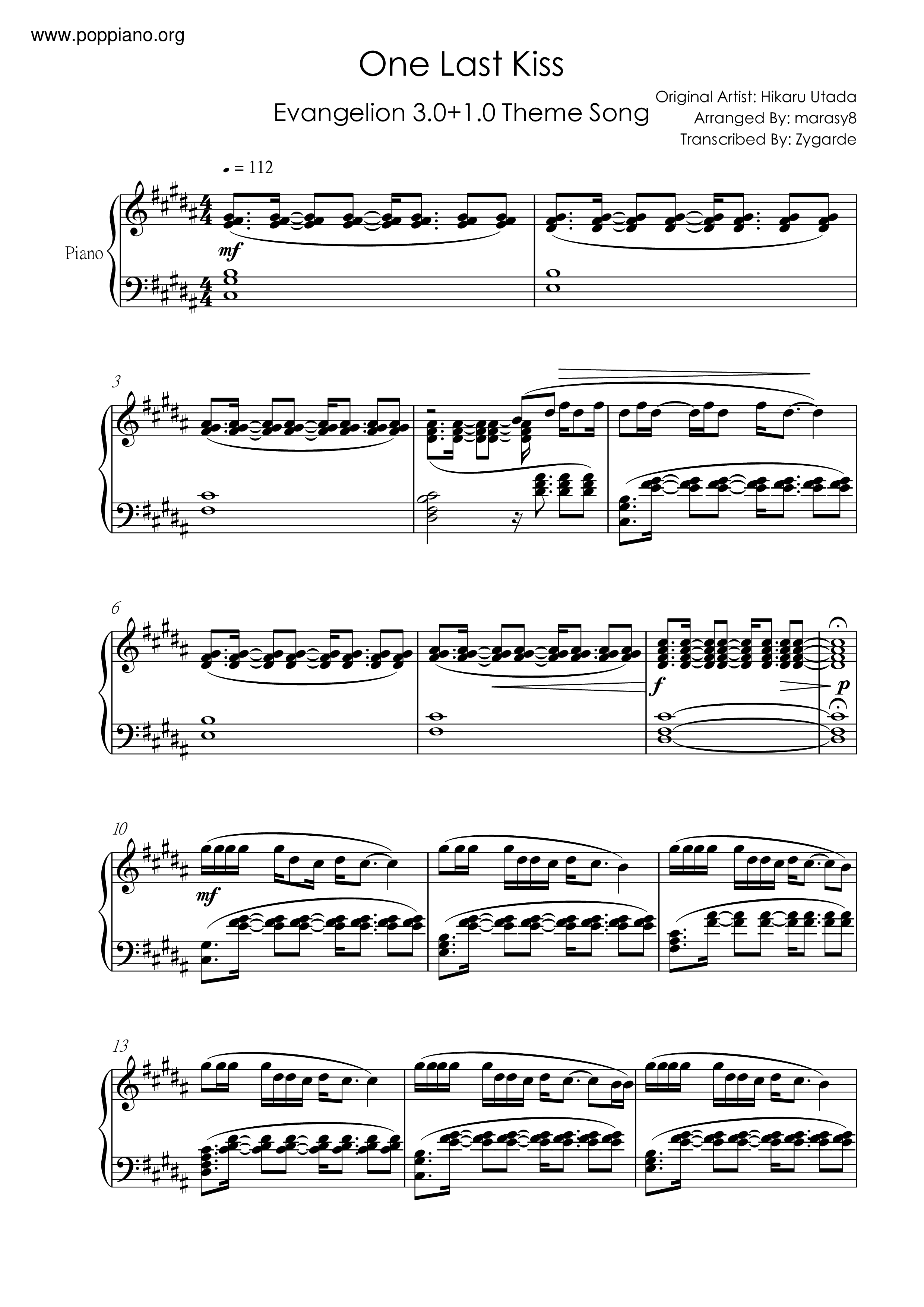 Hikaru Utada-One Last Kiss Sheet Music pdf, (宇多田ヒカル) - Free Score ...