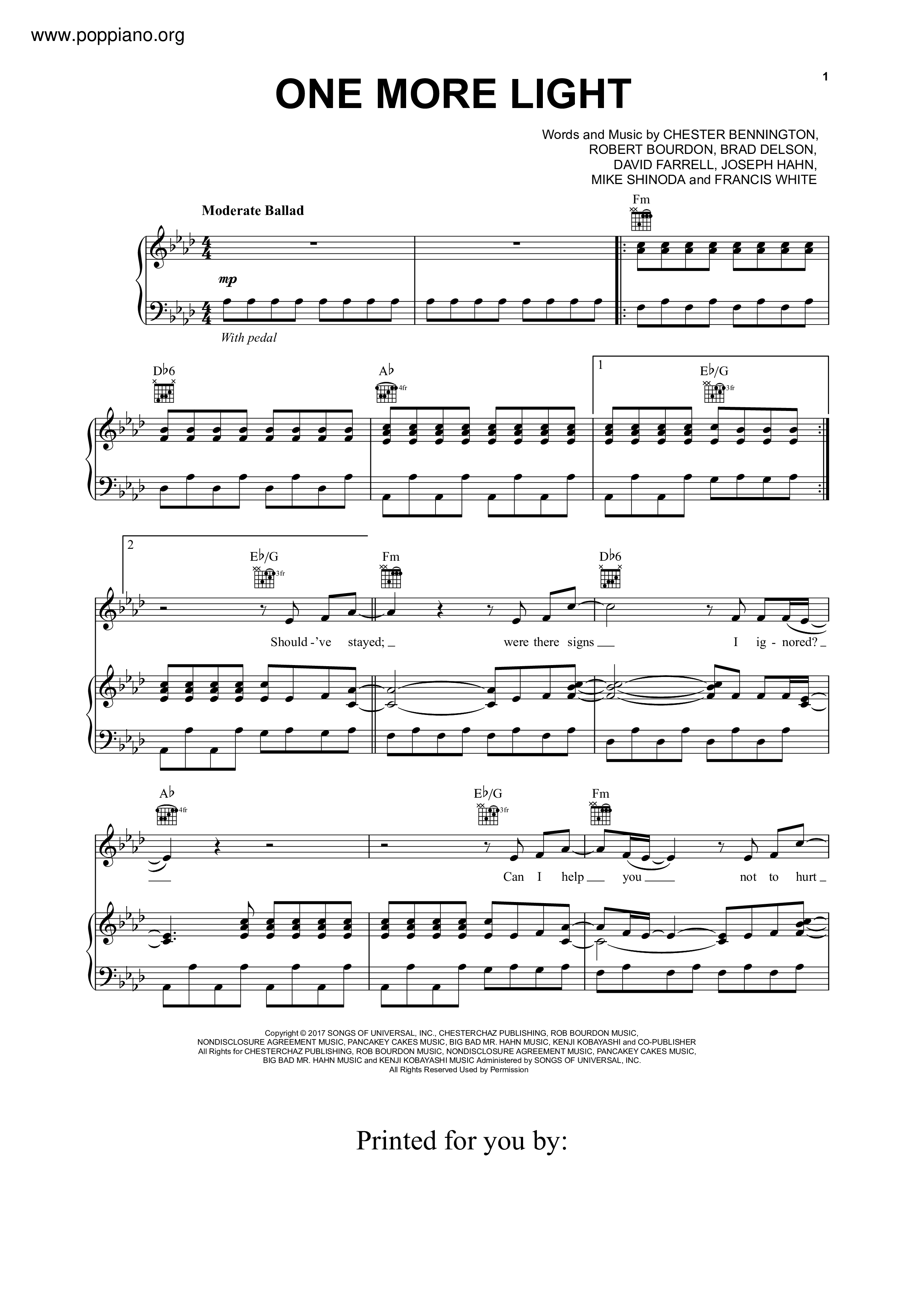 Linkin park-One More Light Sheet Music pdf, - Free Score Download ★