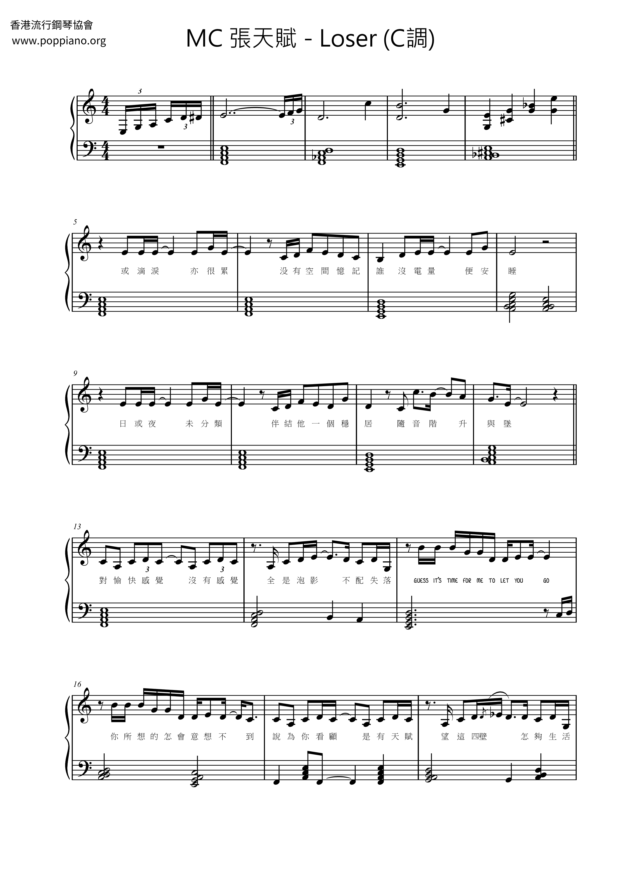 ★MC 張天賦 - Loser ピアノ譜pdf- 香港ポップピアノ協会 無料PDF楽譜ダウンロード gakufu
