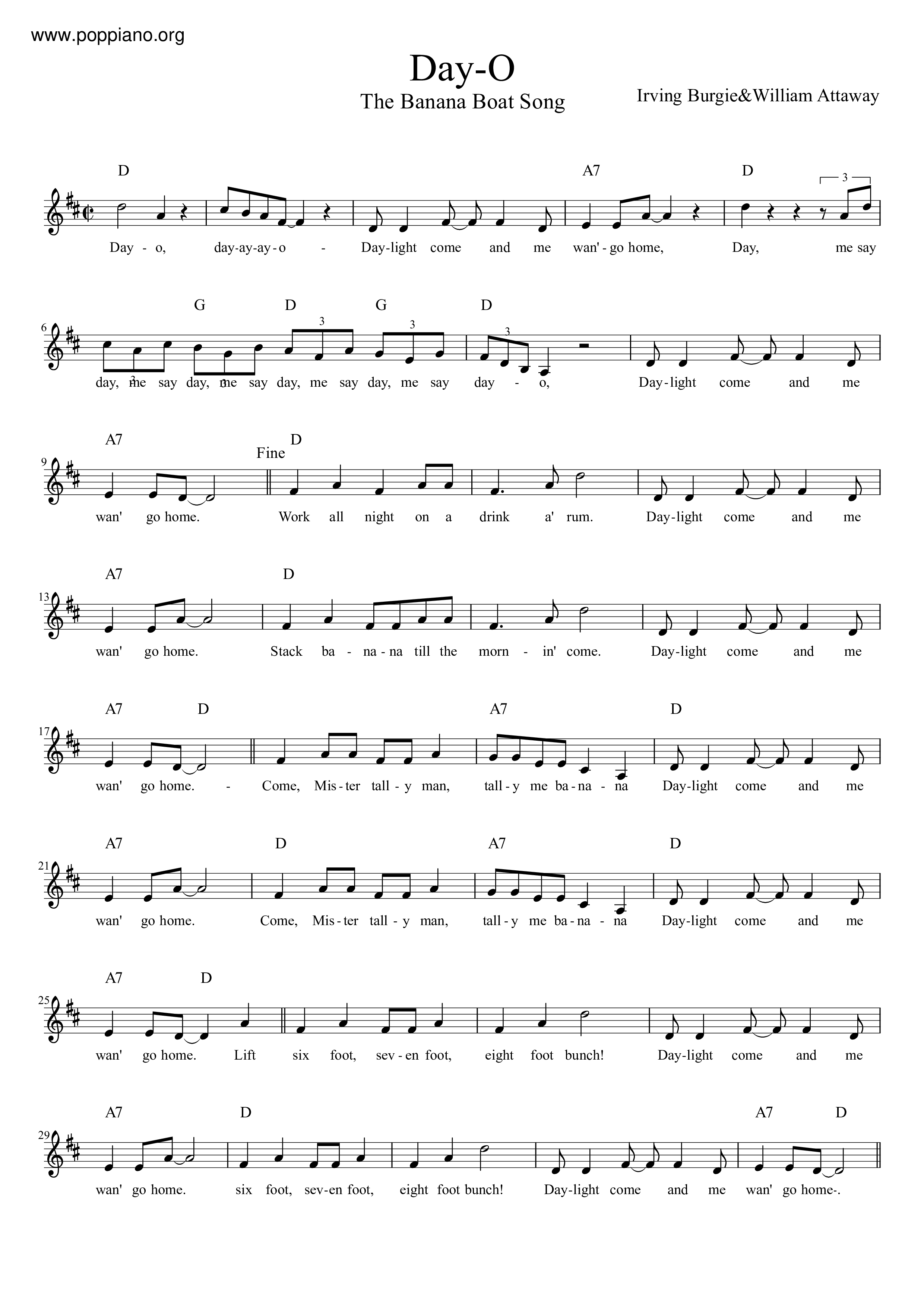 Irving Burgie-Day-O Sheet Music pdf, - Free Score Download ★