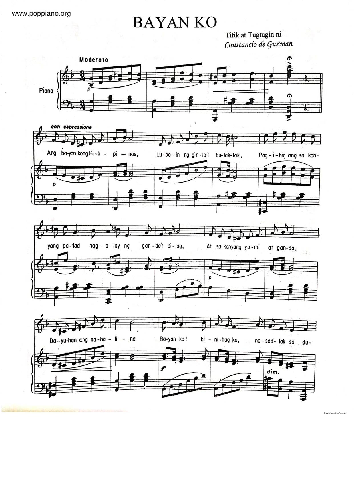 Constancio De Guzman-Bayan Ko Sheet Music pdf, - Free Score Download ★