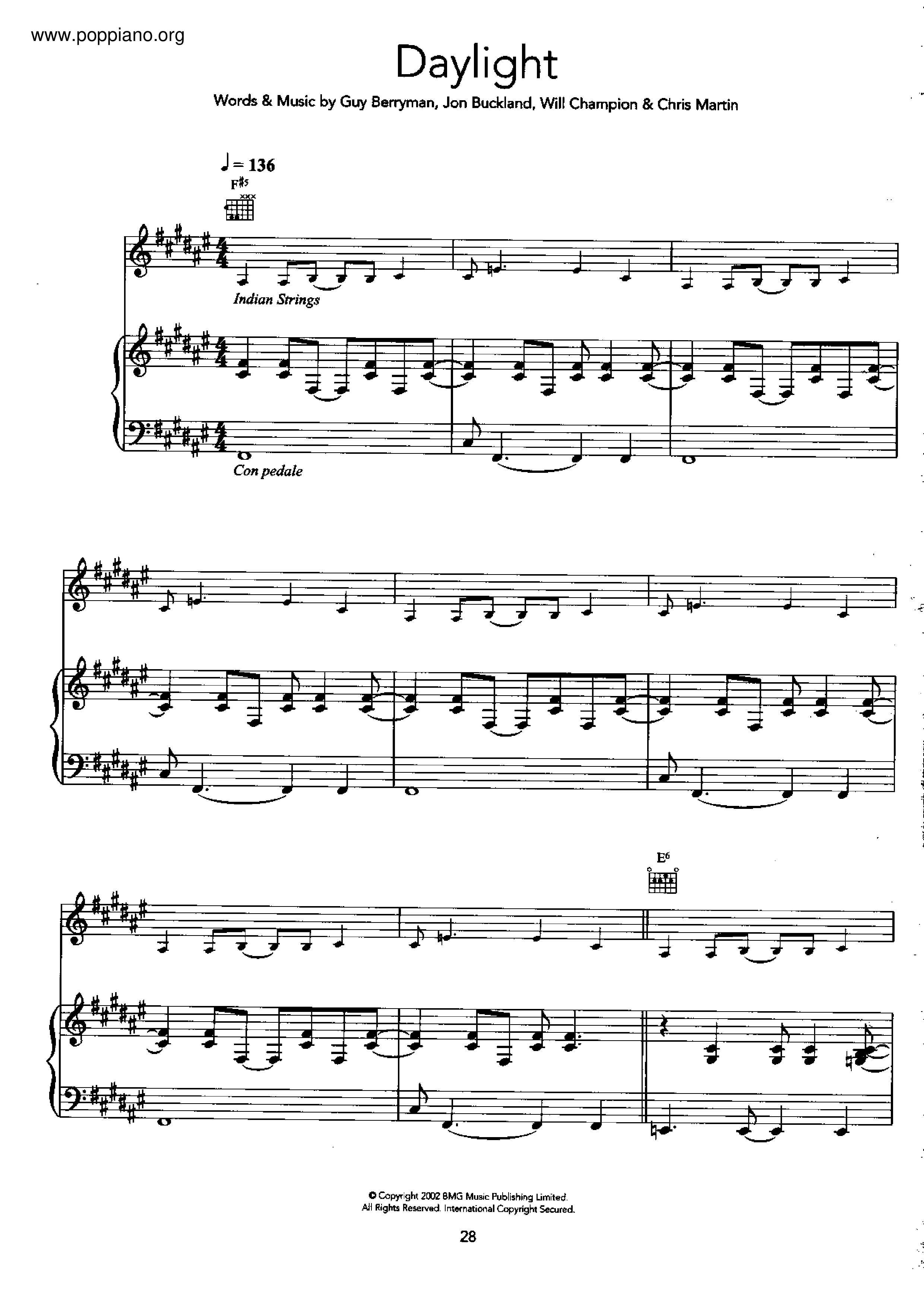 Coldplay-Daylight Sheet Music pdf, - Free Score Download ★