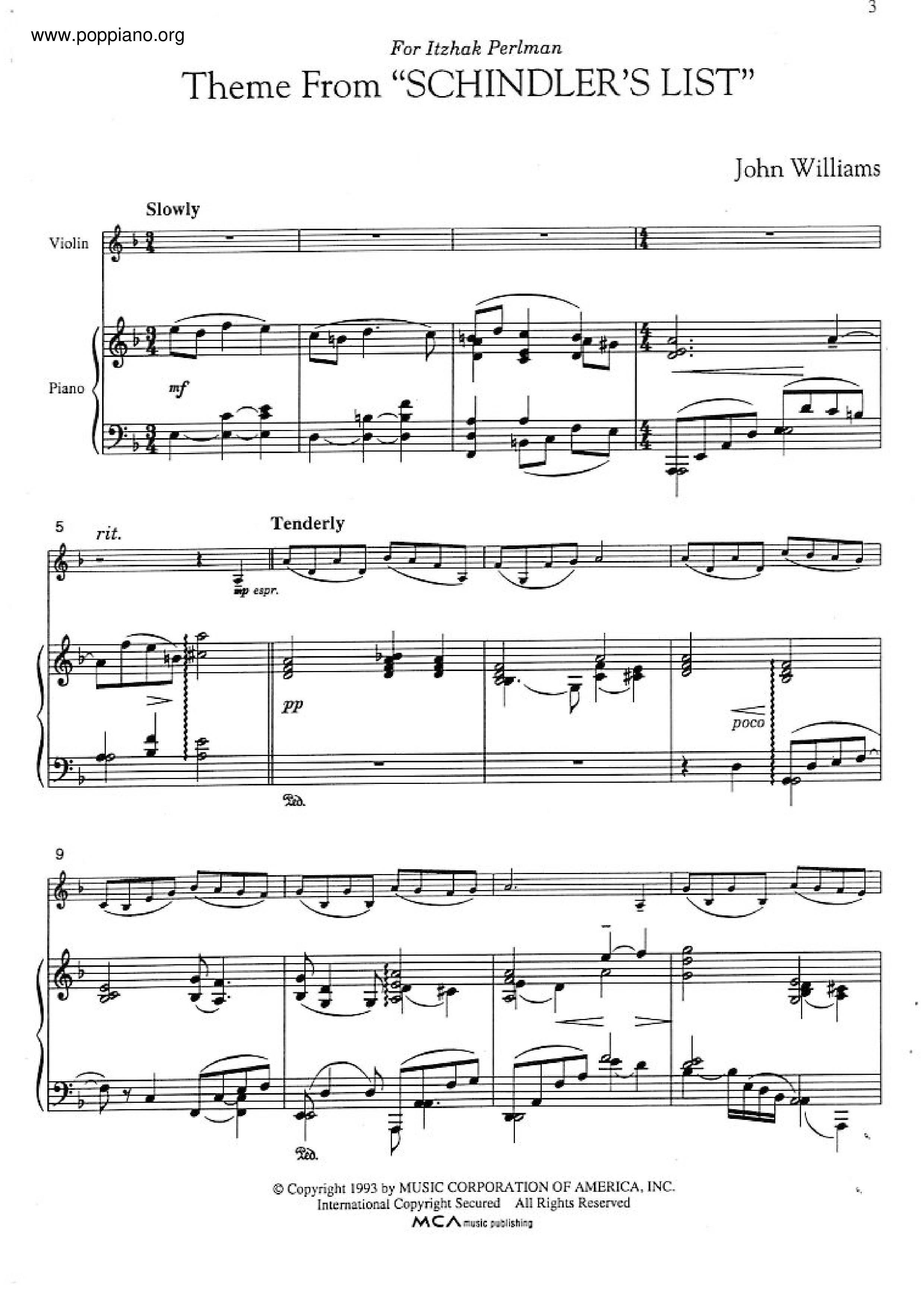 John Williams Theme From Schindlers List 小提琴譜pdf 辛德勒的名單 楽譜 香港流行鋼琴協會琴譜下載 ★