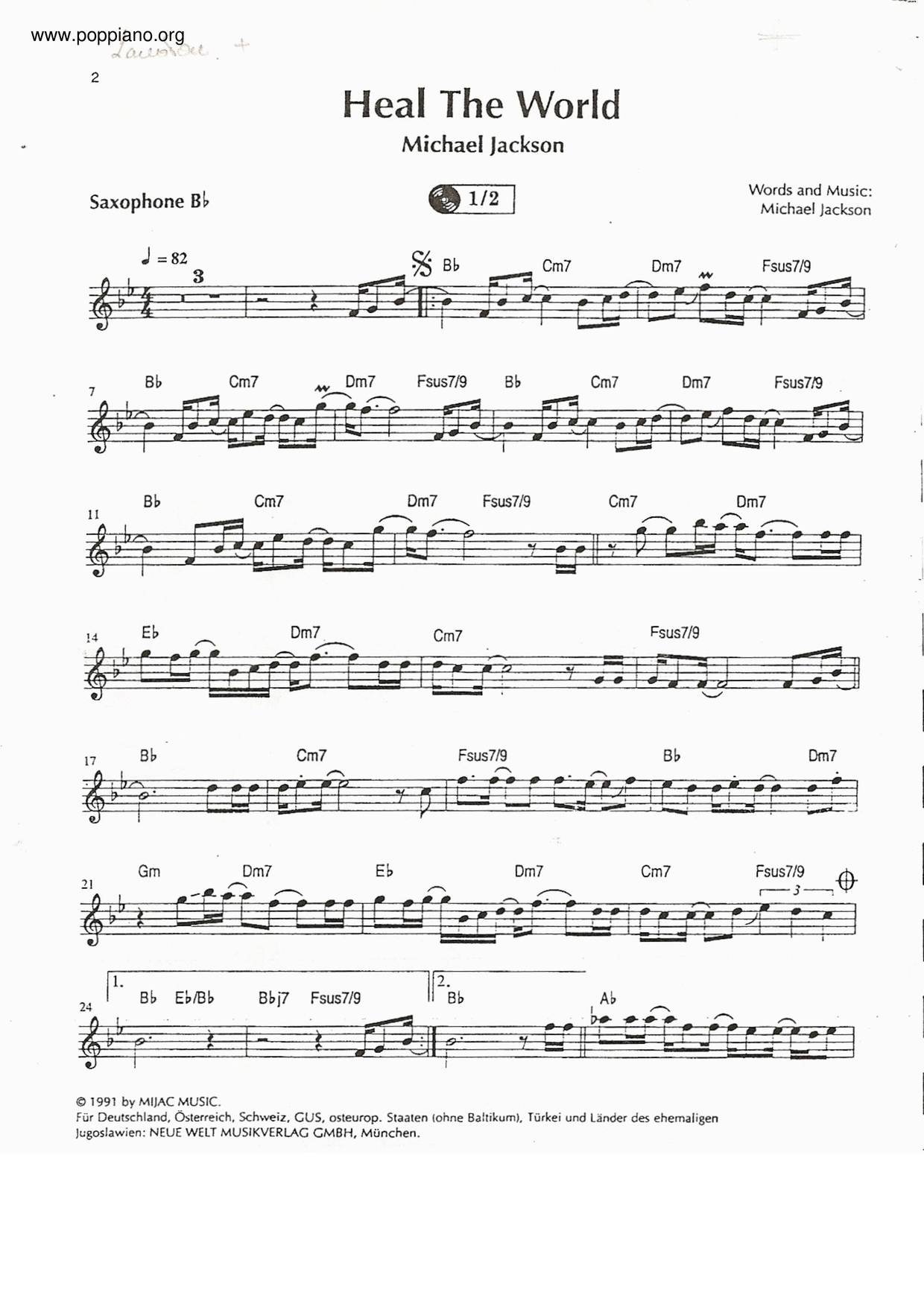 Michael Jackson-Heal The World Sax Score pdf, - Free Score Download ★