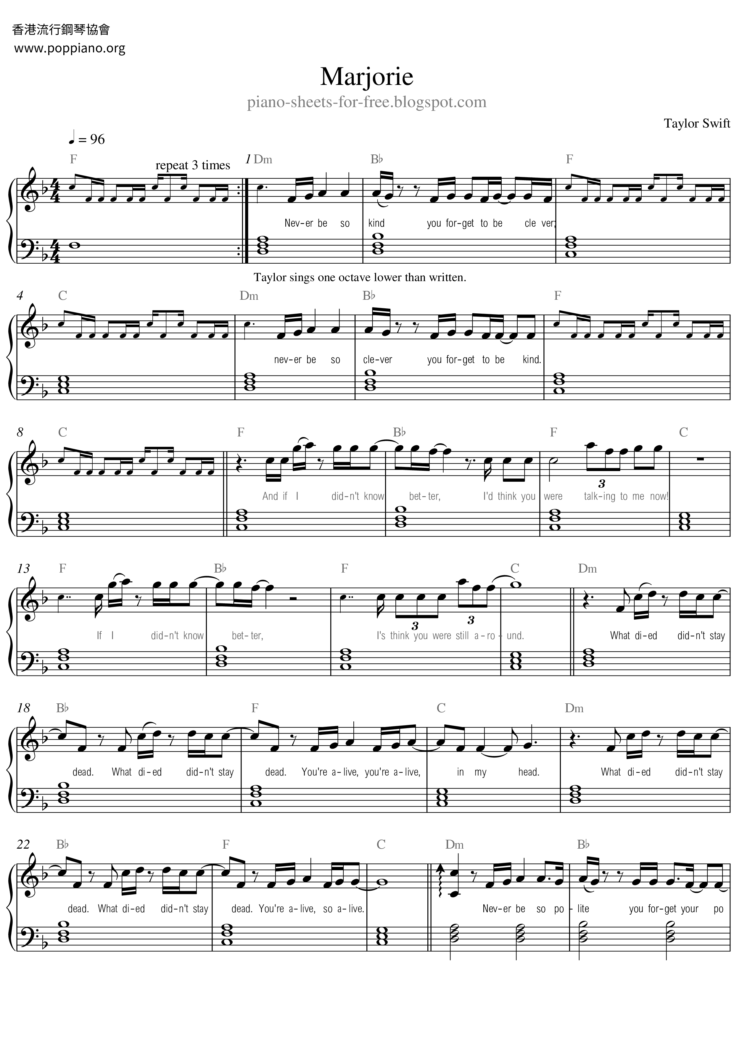 Taylor Swift-Marjorie 琴譜/五線譜pdf-香港流行鋼琴協會琴譜下載 ★