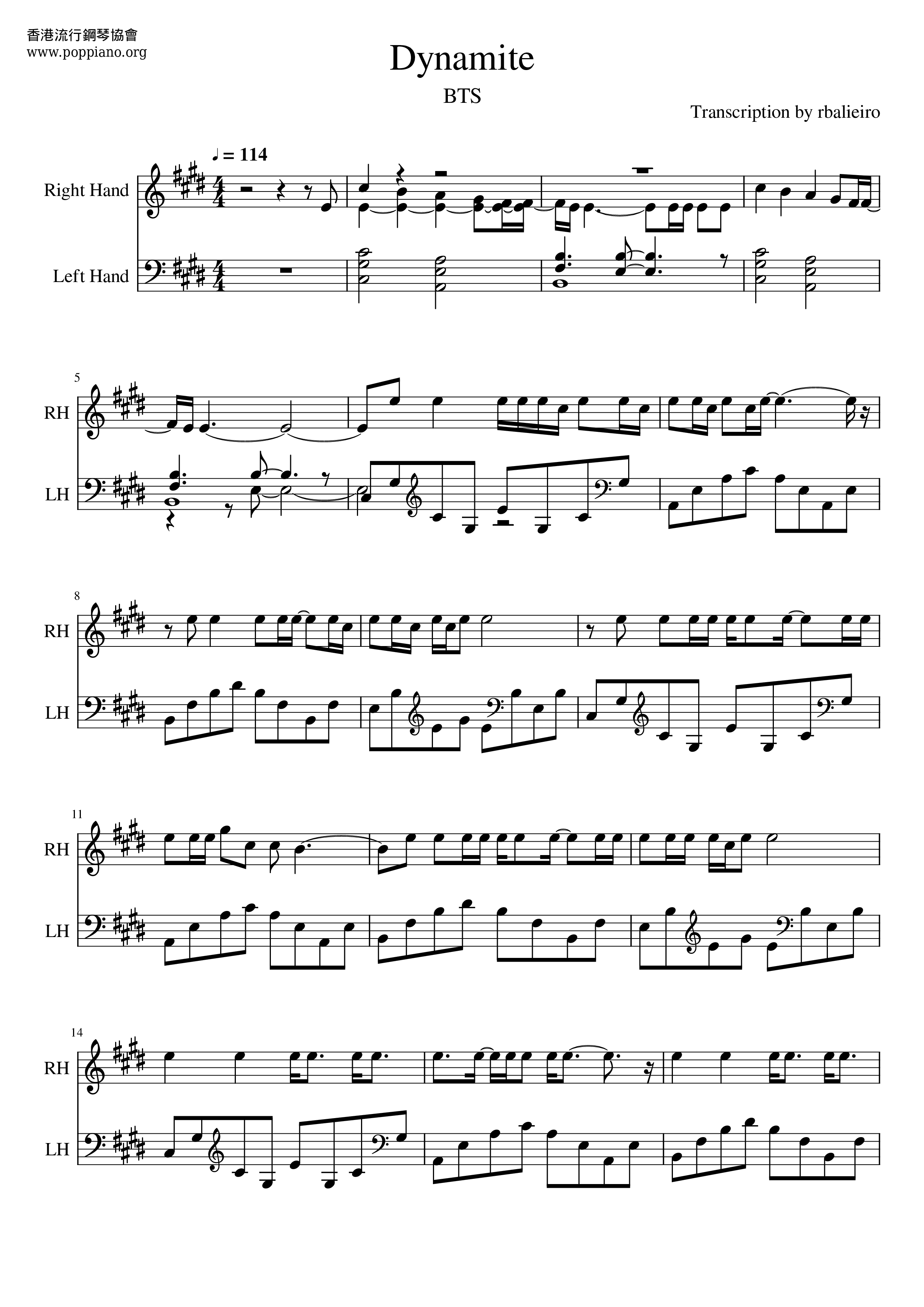 Dynamite - Sheet Music / Piano Score Free PDF Download - HK Pop Piano ...