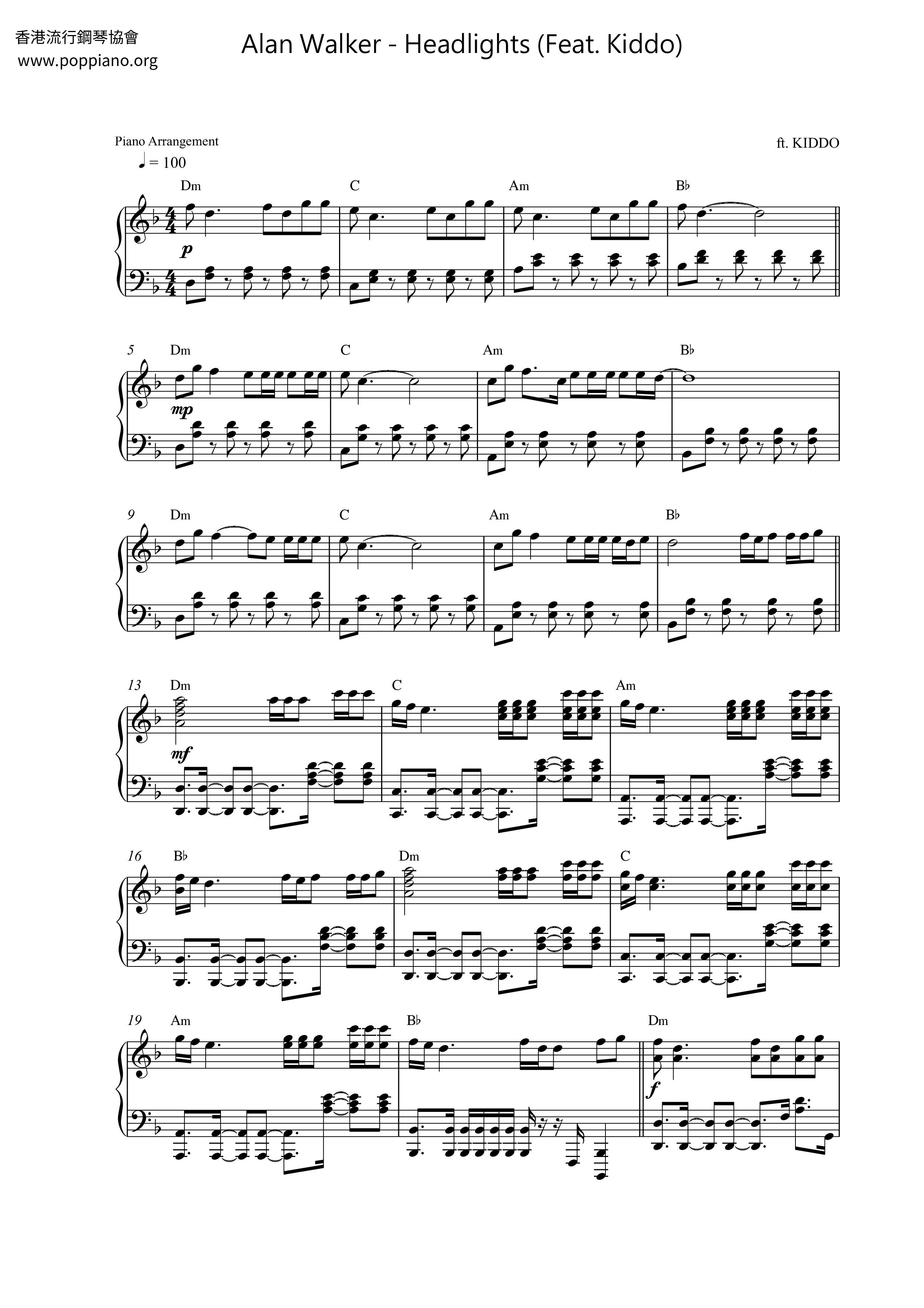 Alan Walker-Headlights (Feat. Kiddo) 琴谱/五线谱pdf (アラン・ウォーカー)-香港流行钢琴协会琴谱下载 ★