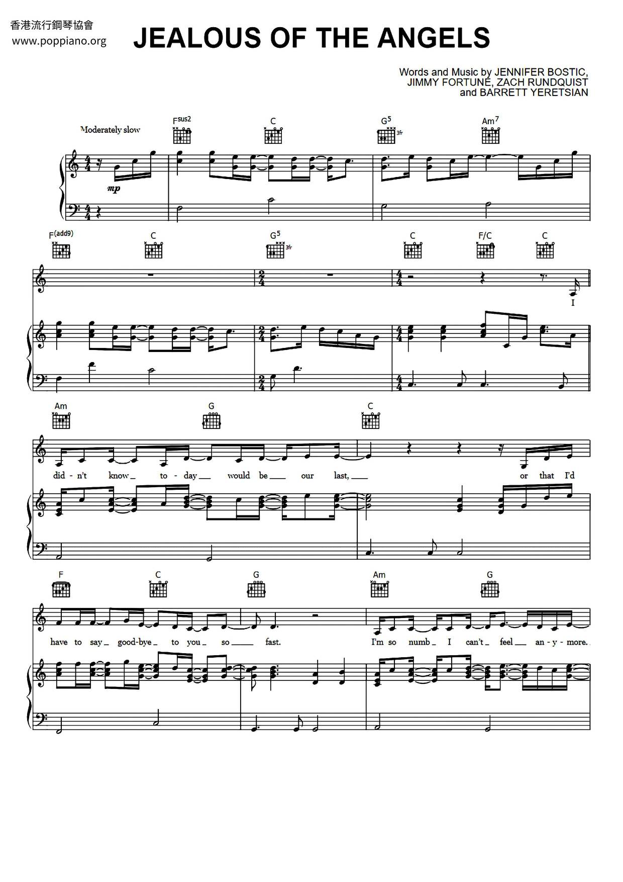 Jenn Bostic-Jealous Of The Angels 琴譜/五線譜pdf-香港流行鋼琴協會琴譜下載 ★