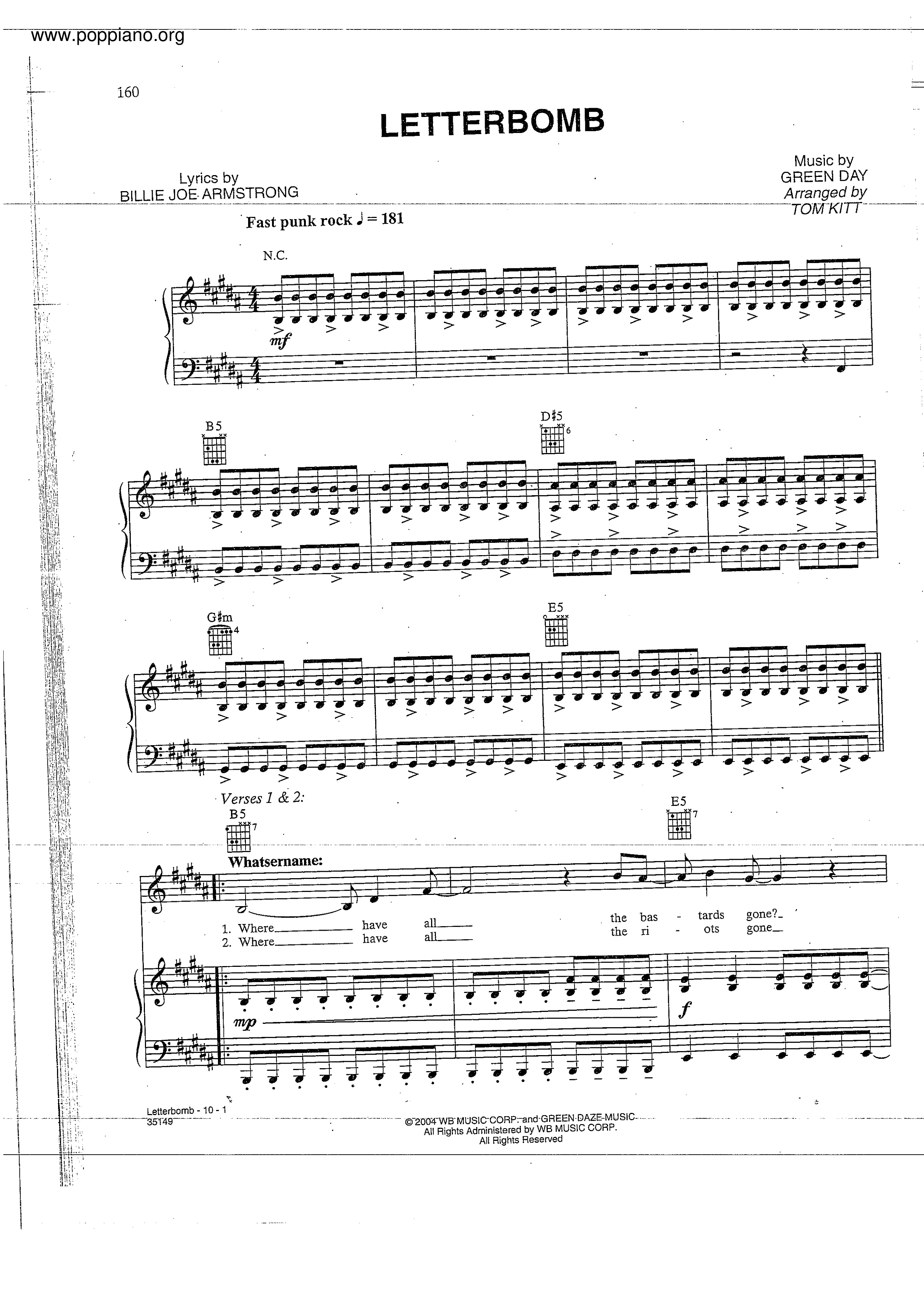 Green Day-Letterbomb 琴谱/五线谱pdf-香港流行钢琴协会琴谱下载 ★