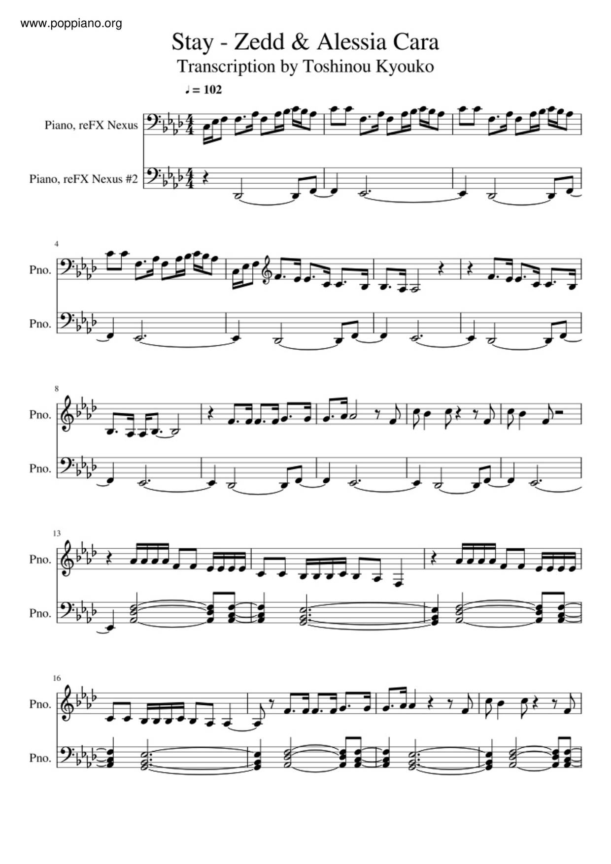 ★Zedd, Alessia Cara - Stay ピアノ譜pdf- 香港ポップピアノ協会 無料PDF楽譜ダウンロード gakufu