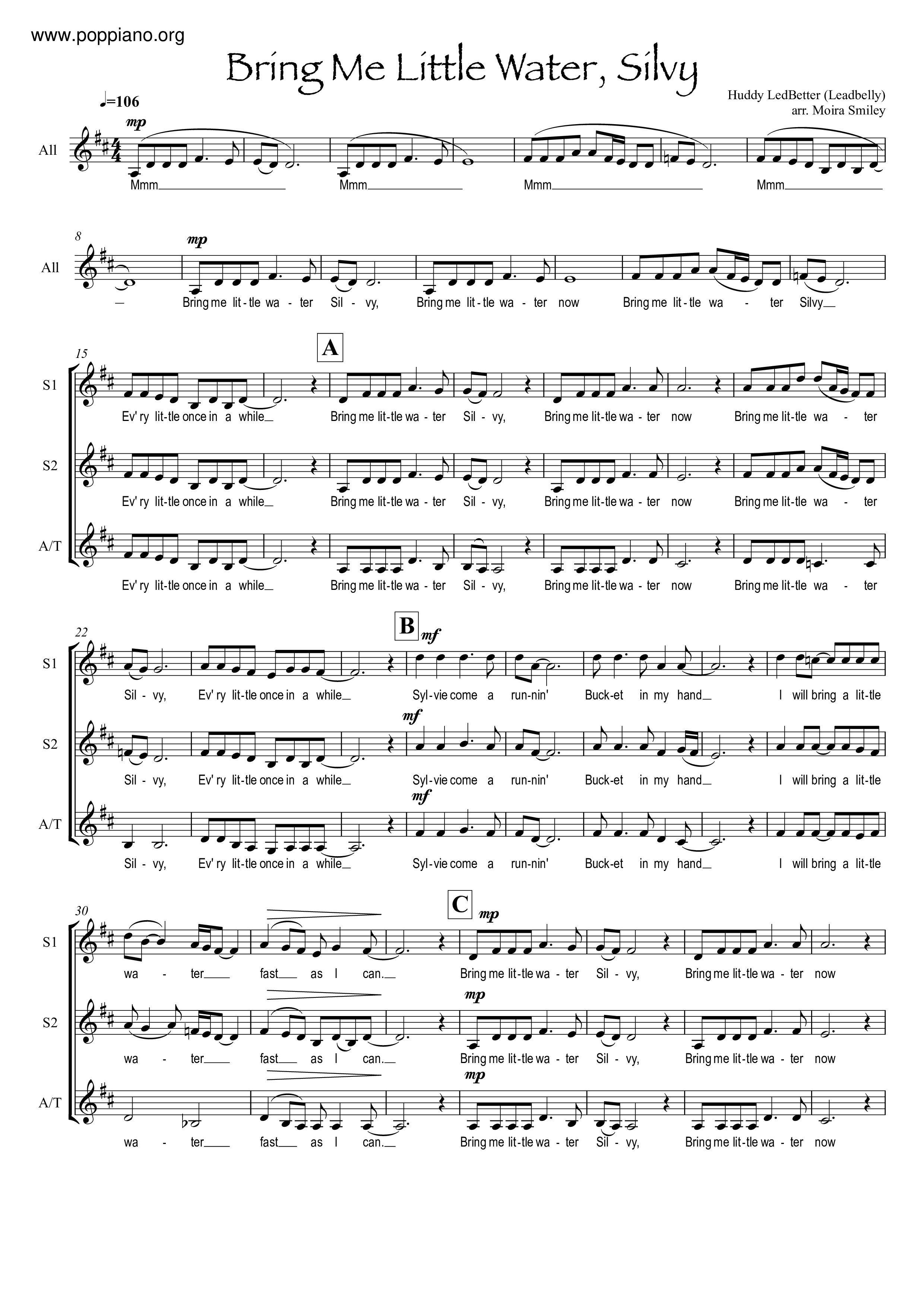 Moira Smiley-Bring Me Little Water, Silvy Sheet Music pdf, - Free Score ...