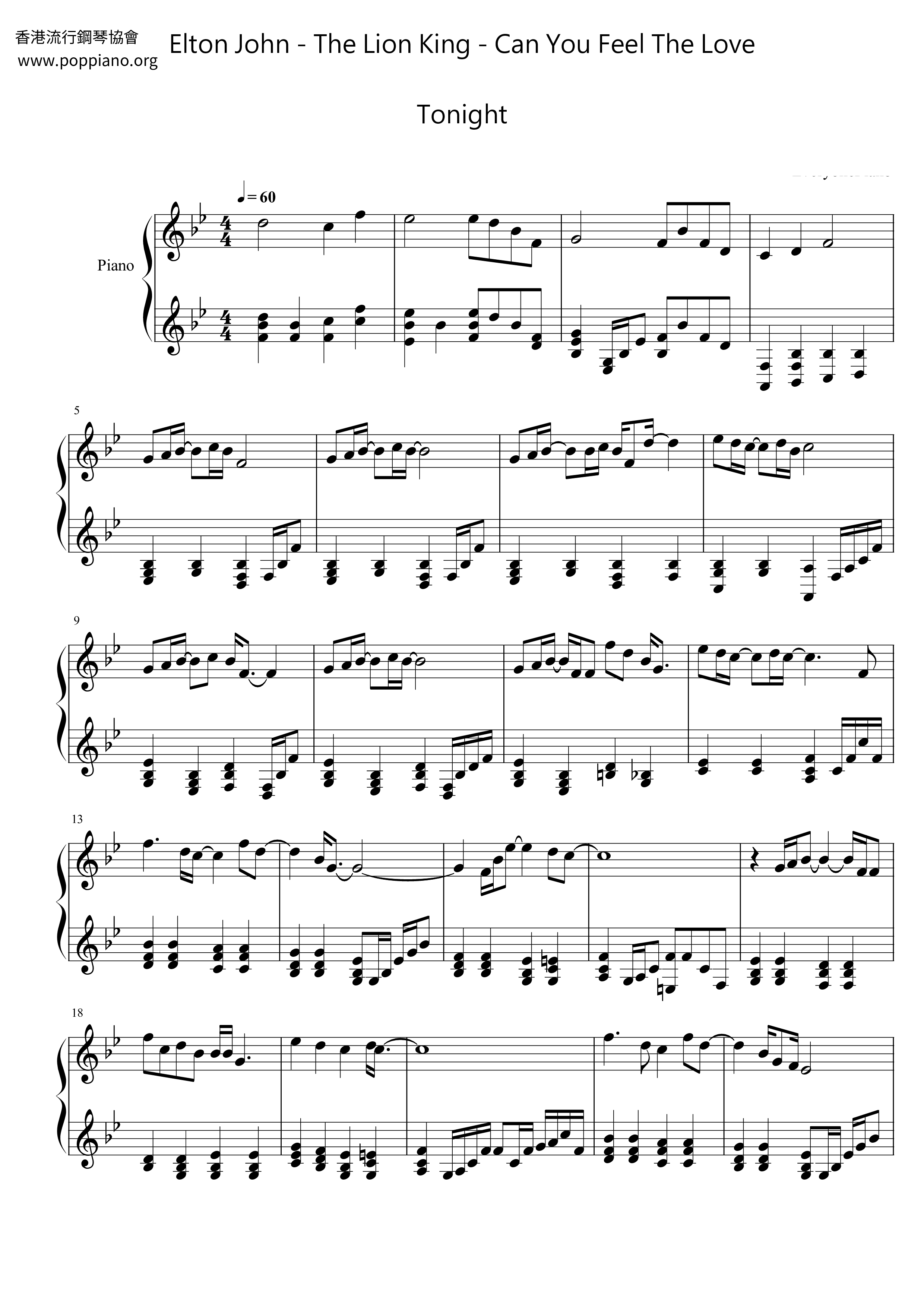 Elton John The Lion King Can You Feel The Love Tonight 琴谱 五线谱pdf 香港流行