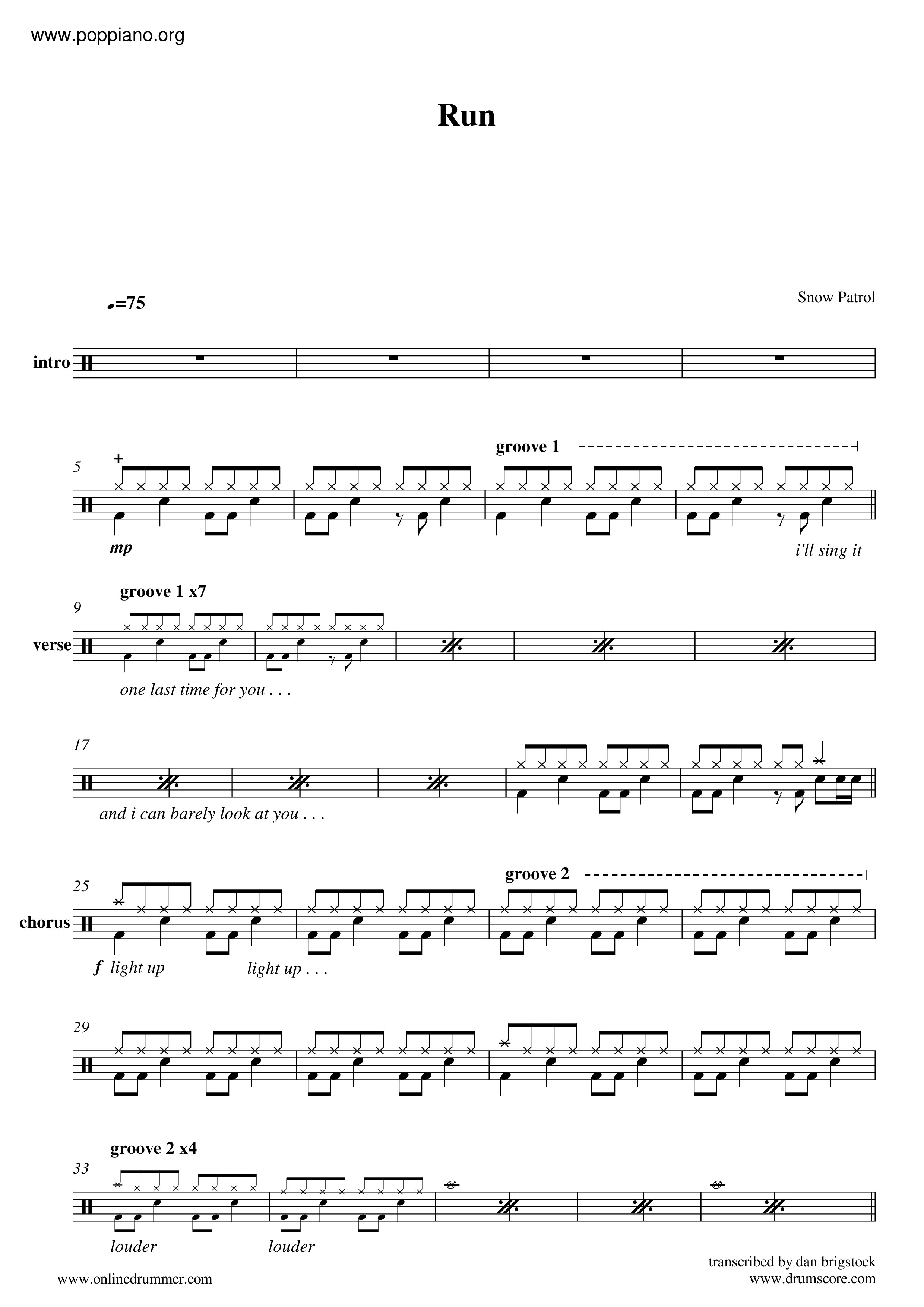 Snow Patrol-Run Drum Tab pdf, - Free Score Download ★