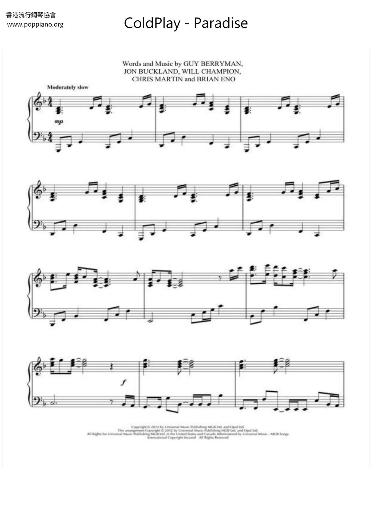 Coldplay-Paradise Sheet Music pdf, - Free Score Download ★