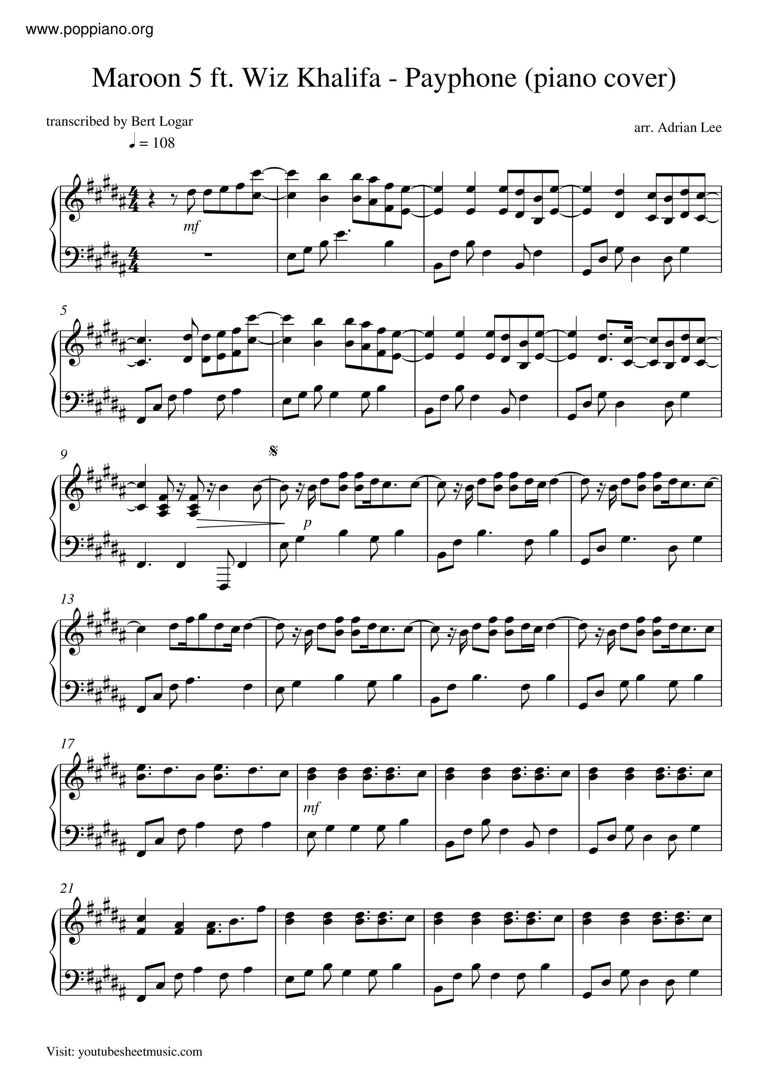 Maroon 5-Payphone Sheet Music pdf, - Free Score Download ★