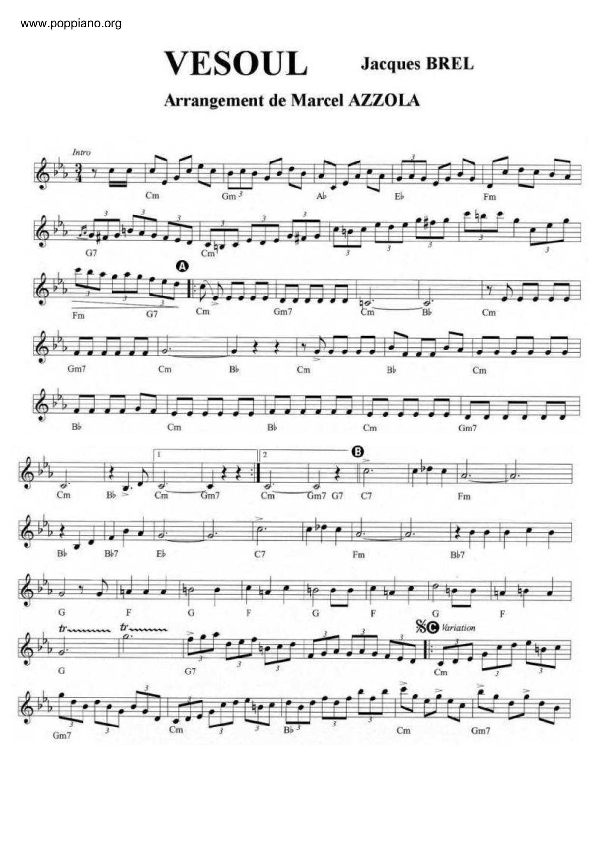 Jacques Brel-Vesoul Sheet Music pdf, - Free Score Download ★