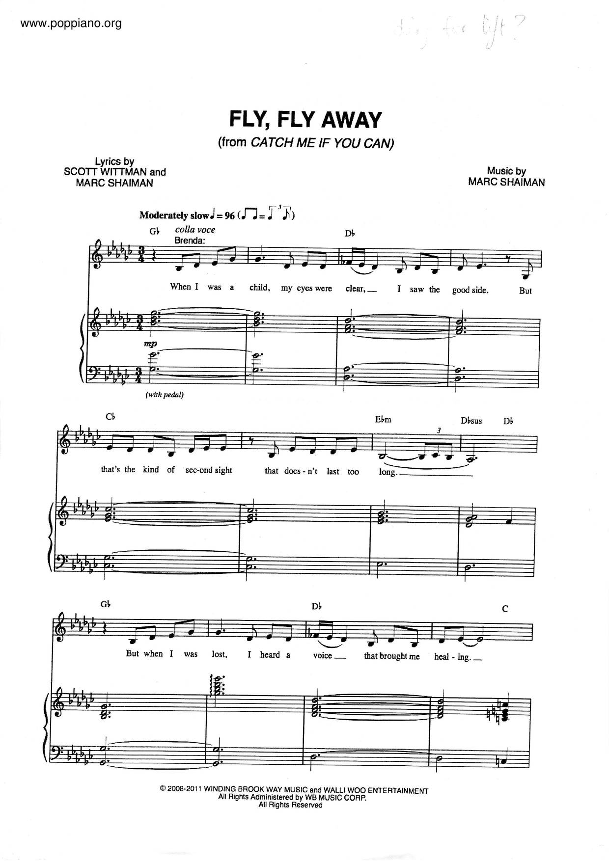 ★Catch Me If You Can - Fly, Fly Away ピアノ譜pdf- 香港ポップピアノ協会 無料PDF楽譜ダウンロード gakufu