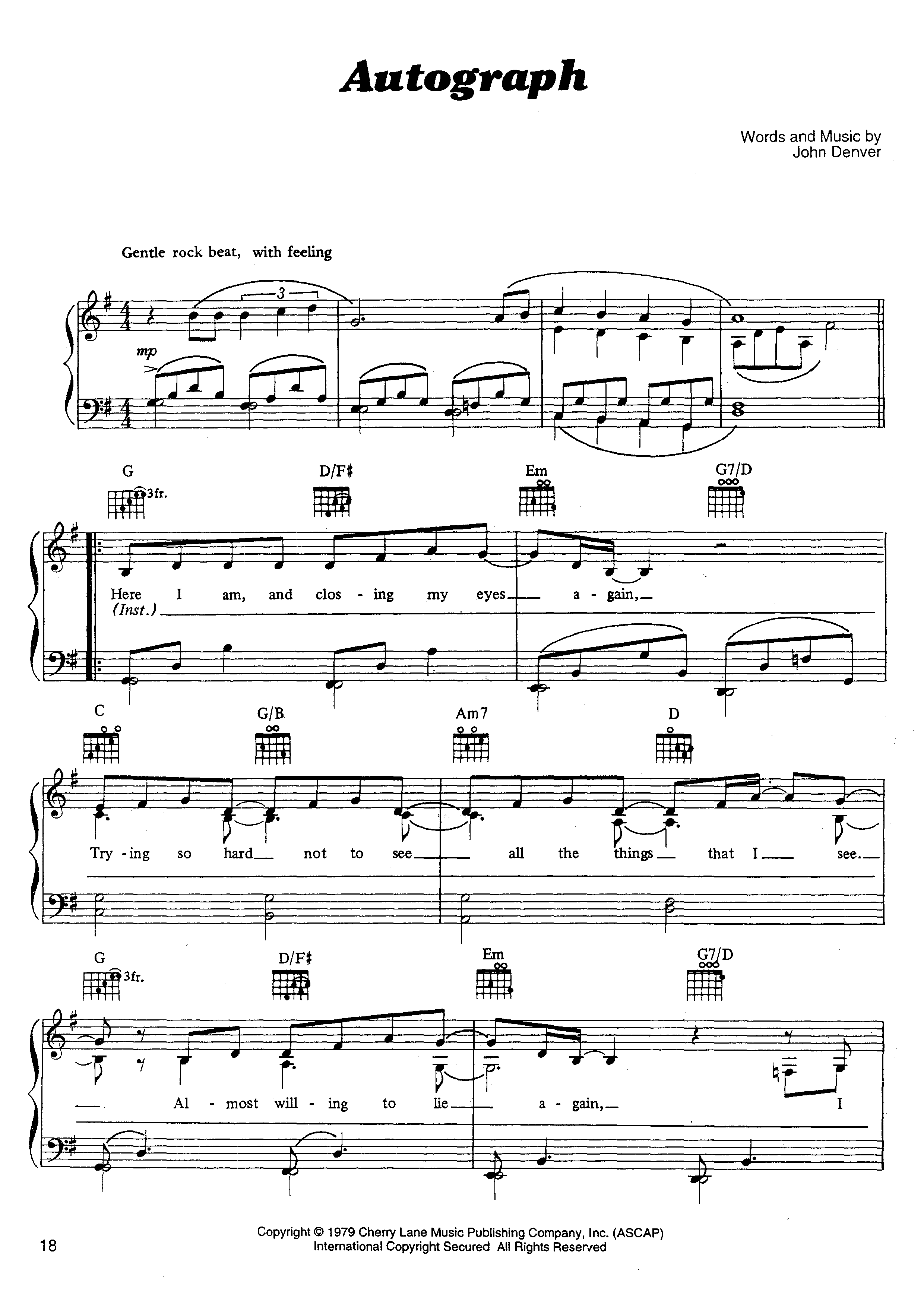John Denver-Autograph Sheet Music pdf, - Free Score Download ★