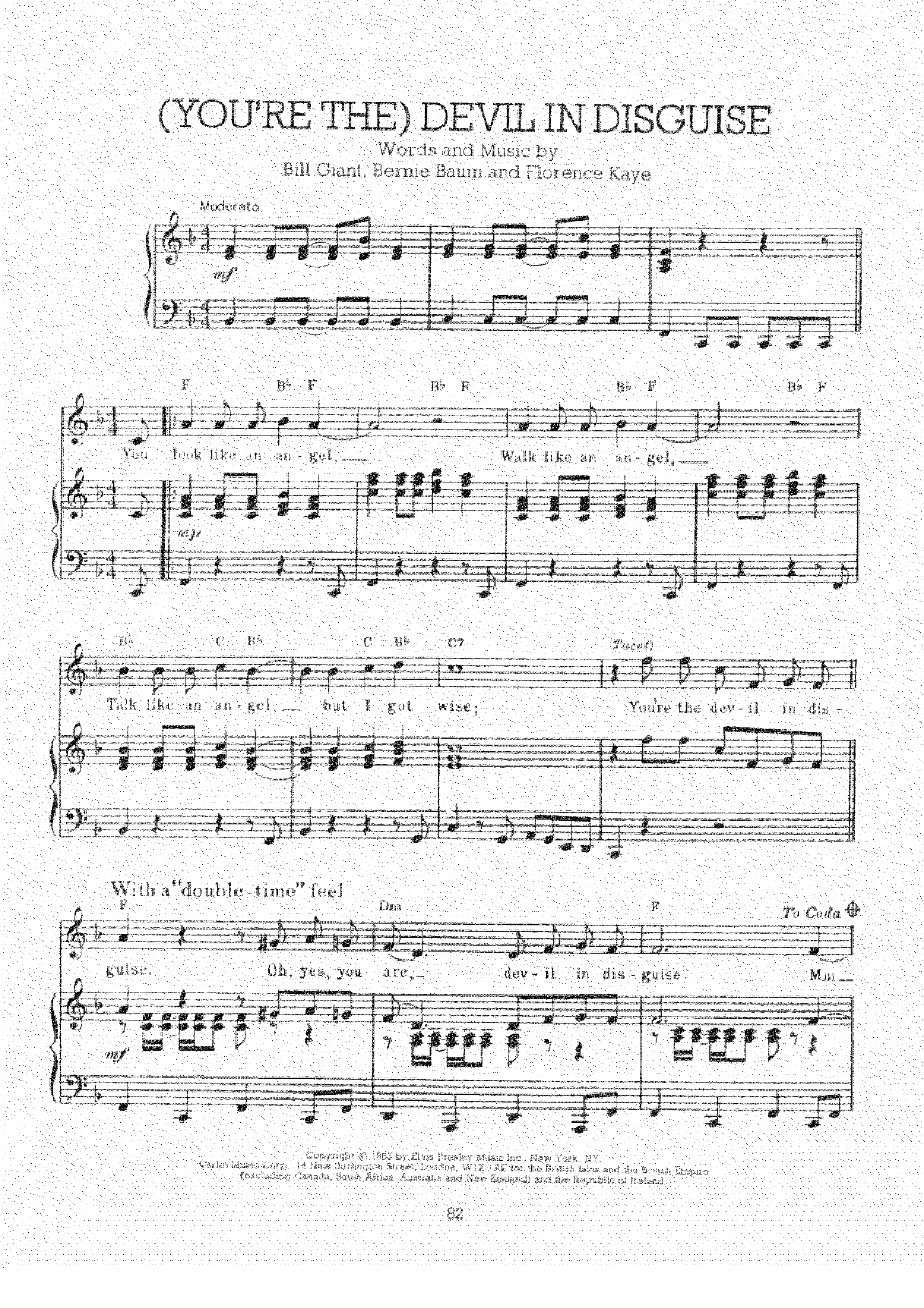 Elvis Presley-(You're The) Devil In Disguise 琴谱/五线谱pdf-香港流行钢琴协会琴谱下载 ★