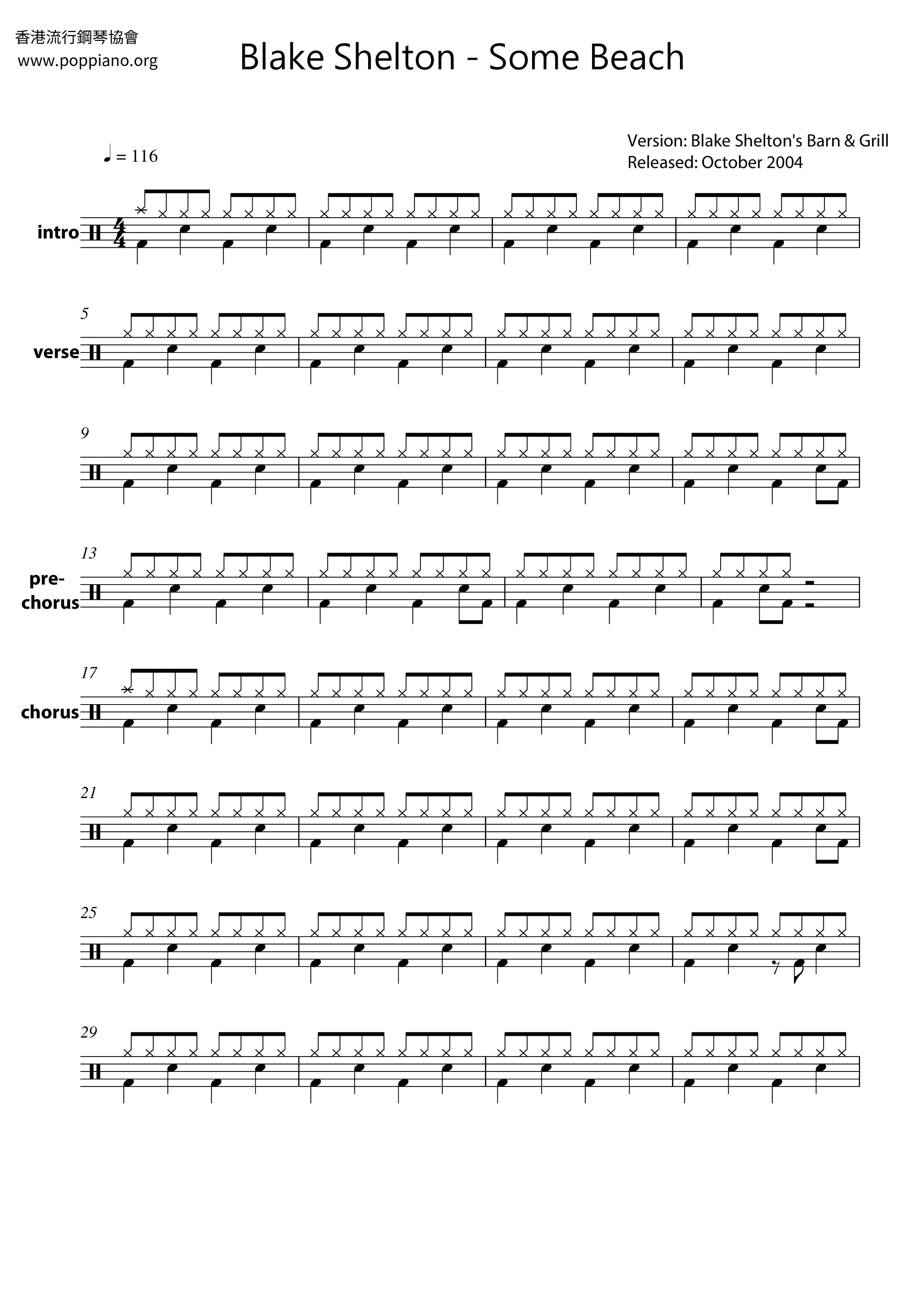 Blake Shelton-Some Beach Drum Tab pdf, - Free Score Download ★