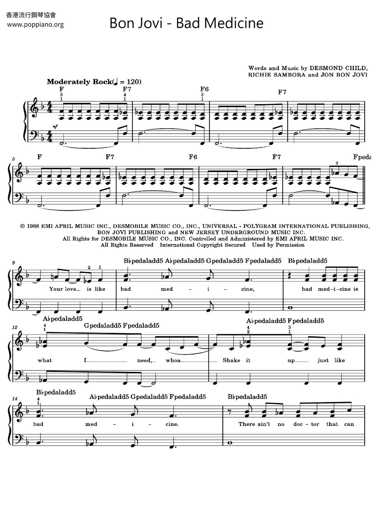 Bon Jovi-Bad Medicine Sheet Music pdf, - Free Score Download ★