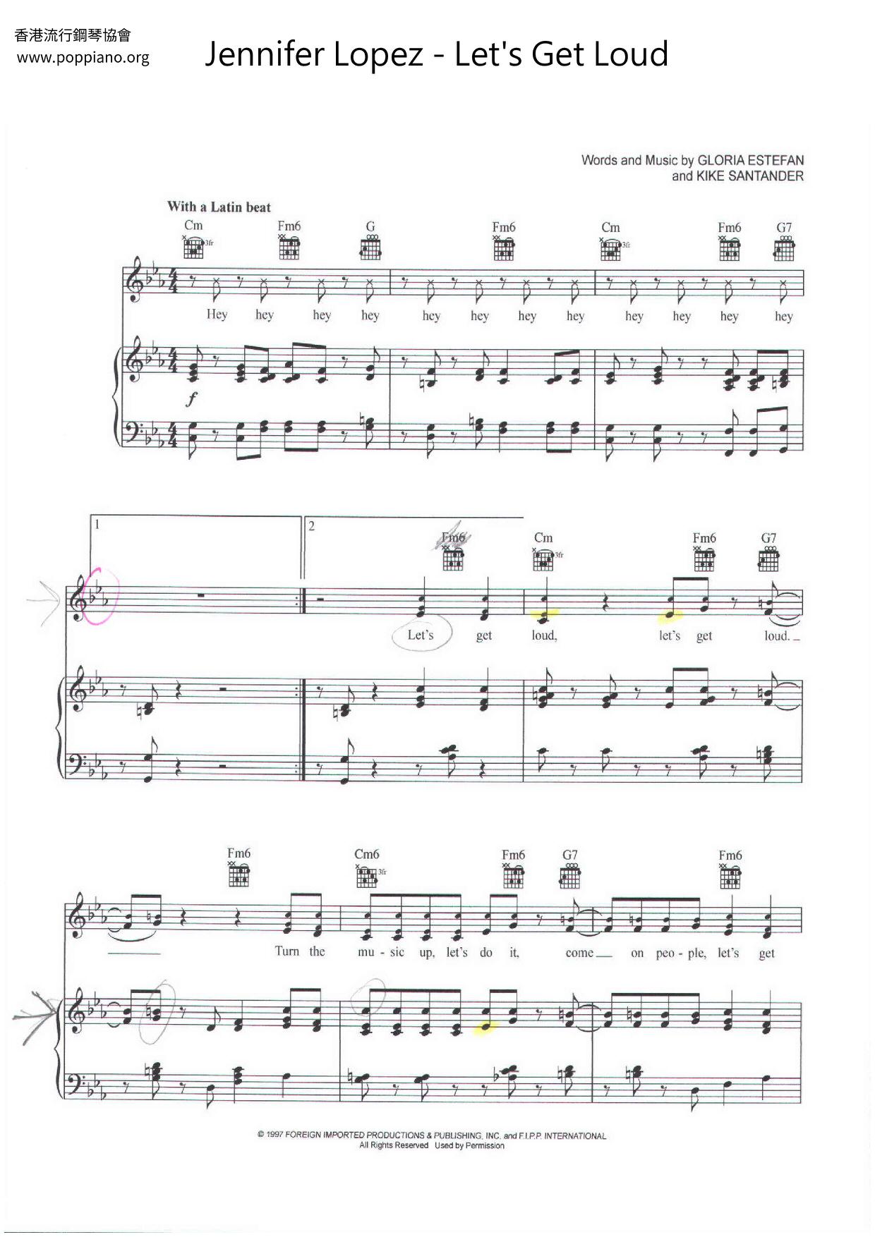 Jennifer Lopez-Let's Get Loud Sheet Music pdf, - Free Score Download ★