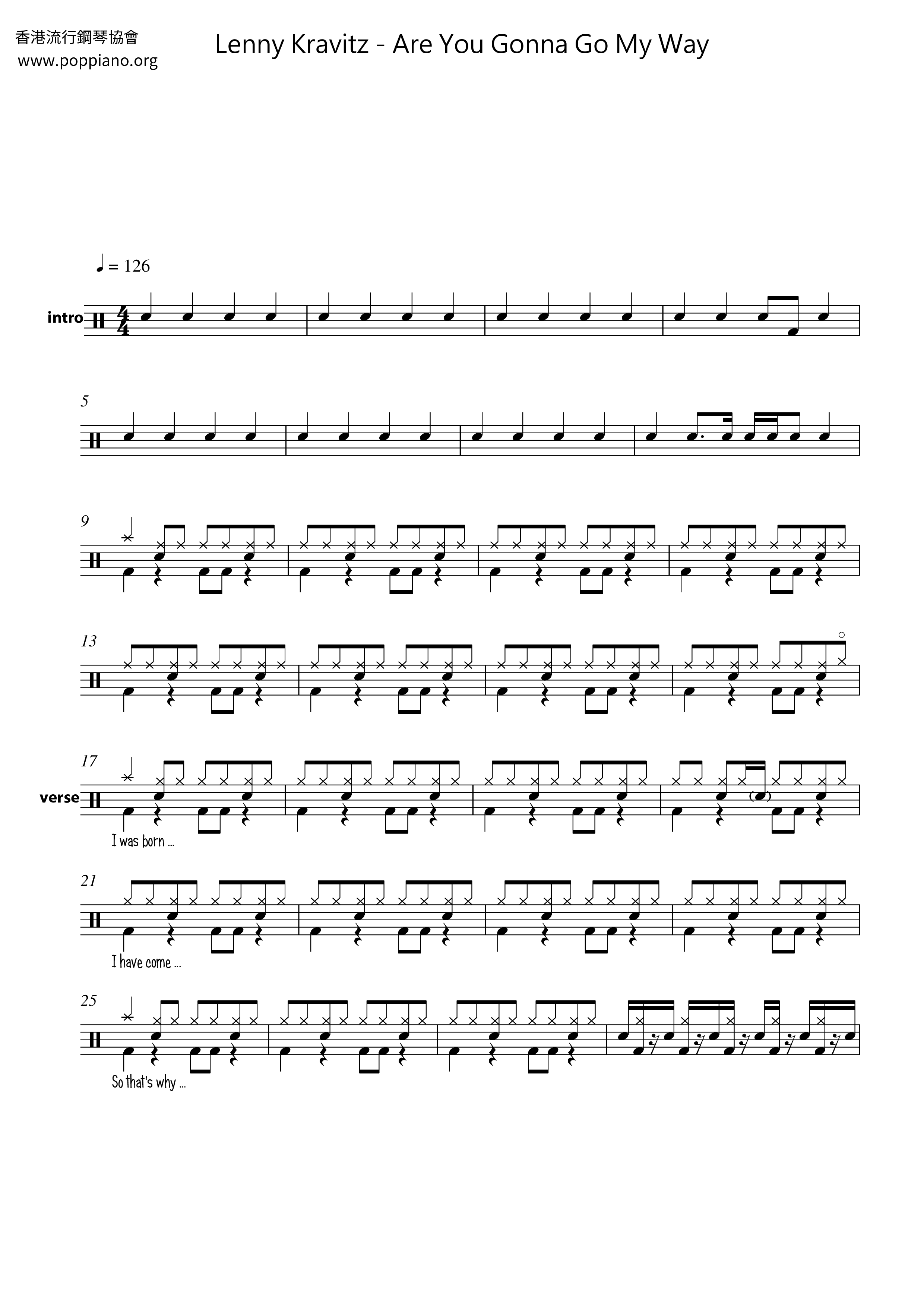 Lenny Kravitz-Are You Gonna Go My Way 鼓譜pdf-香港流行鋼琴協會琴譜下載 ★